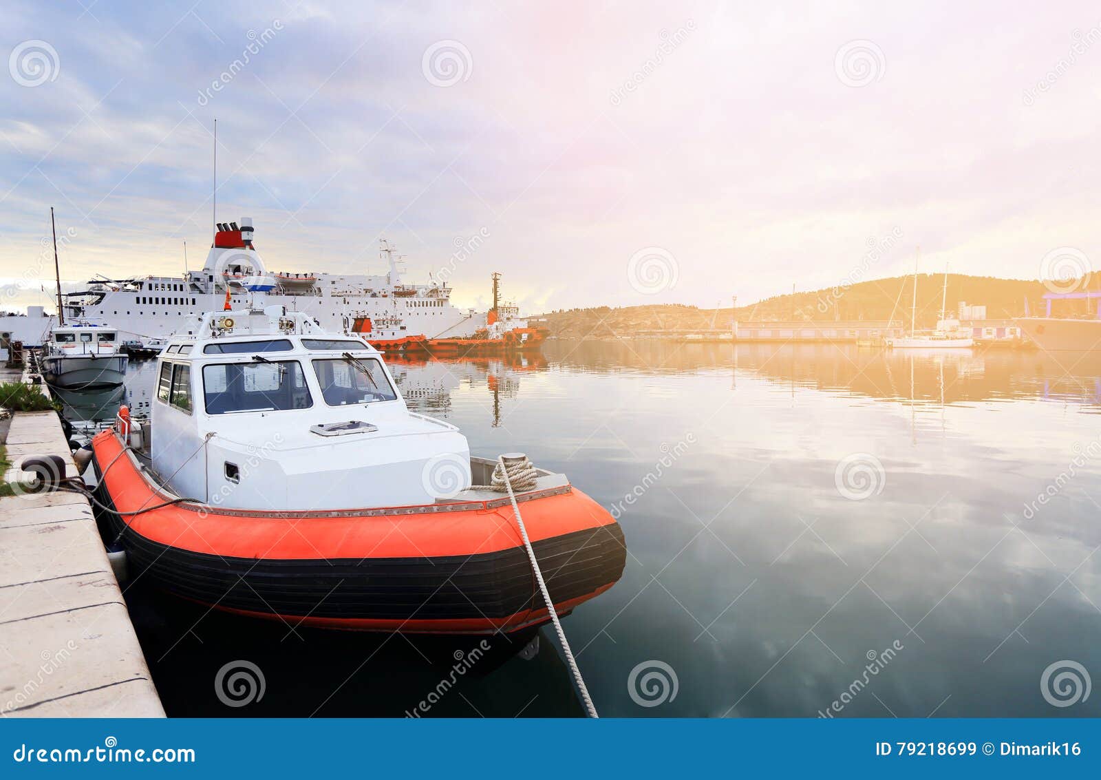 Red emergency boat in dock stock image. Image of port - 79218699