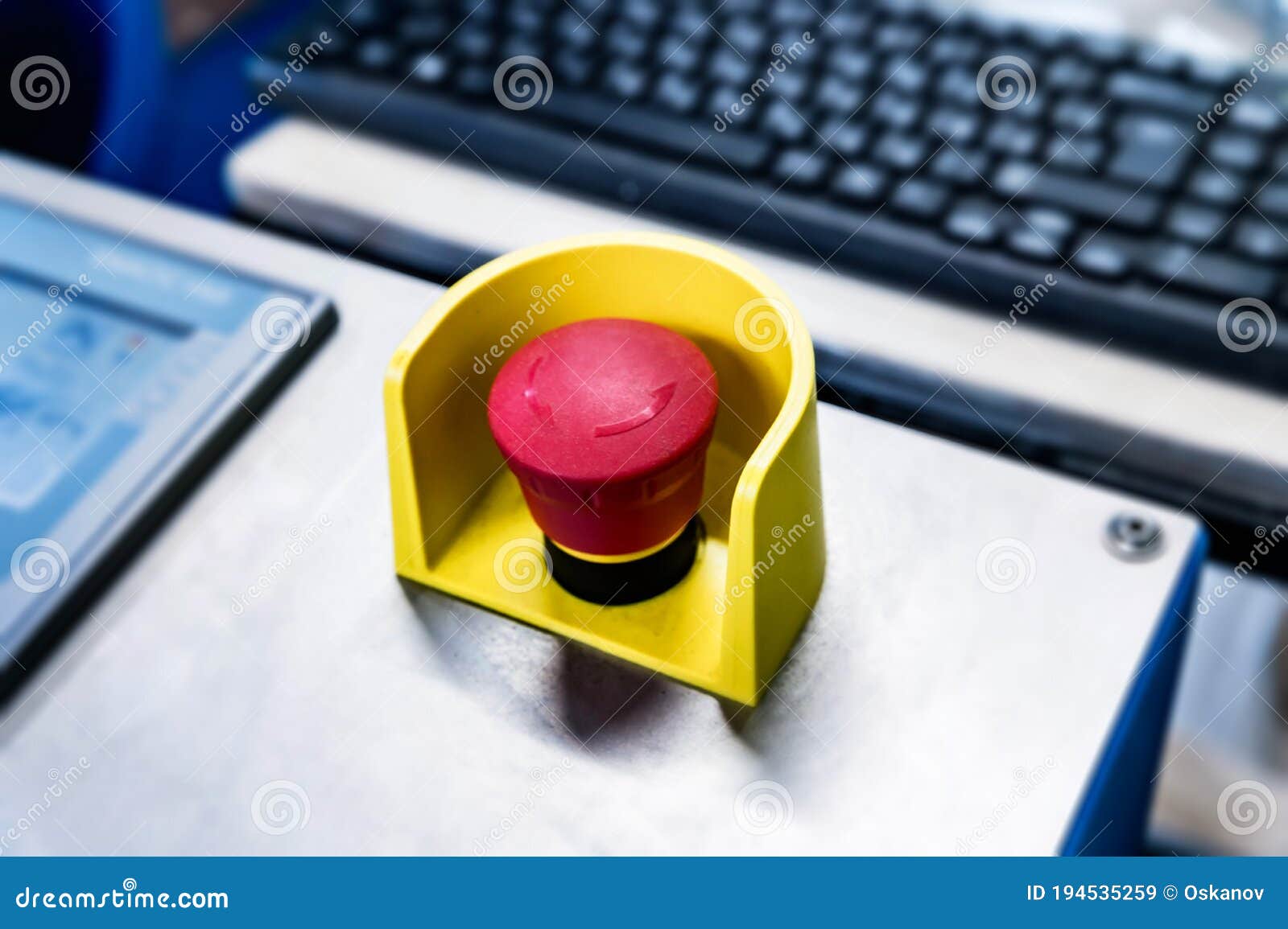 Red Emergency Button on Black Panel. Stop Stock Image - Image of knob ...