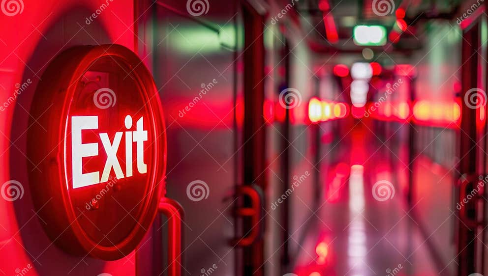 Red Emergency Exit Sign Illuminated in Corridor. Generative Ai Stock ...