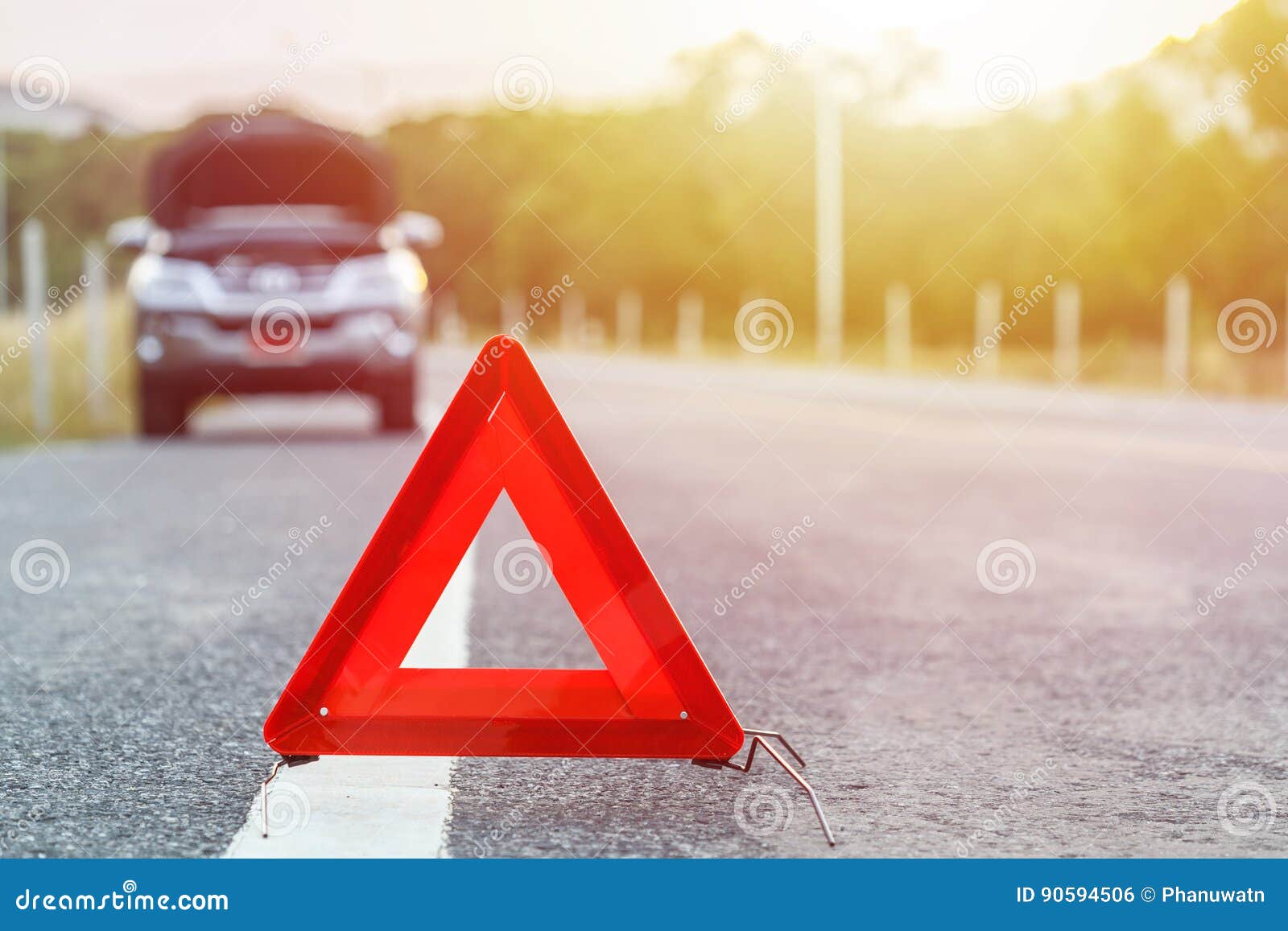 Red Emergency Stop Sign and Broken Silver Car on the Road Stock Photo ...