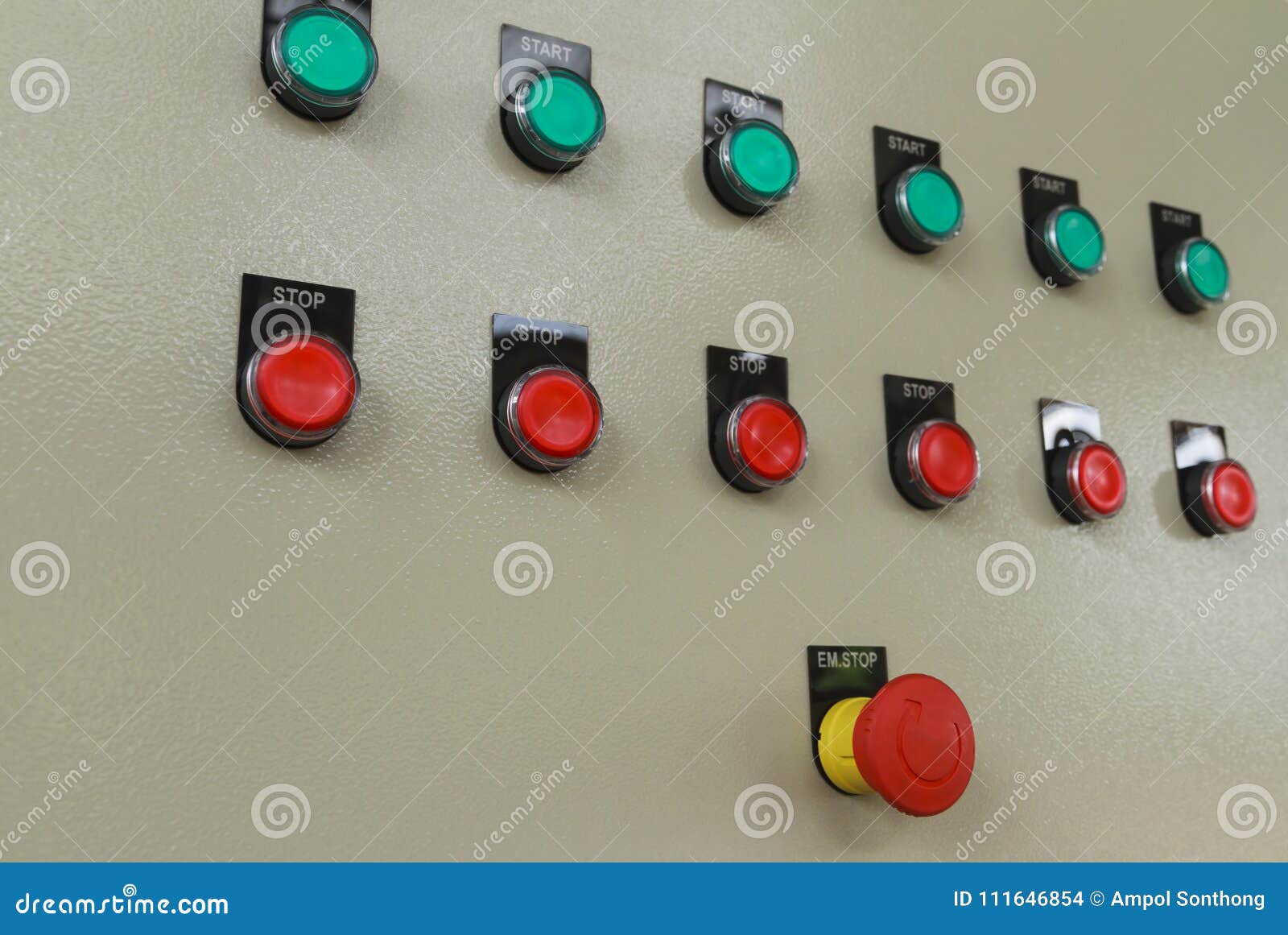 Red Emergency and Stop Switch with Green Start Buttons. Stock Photo ...