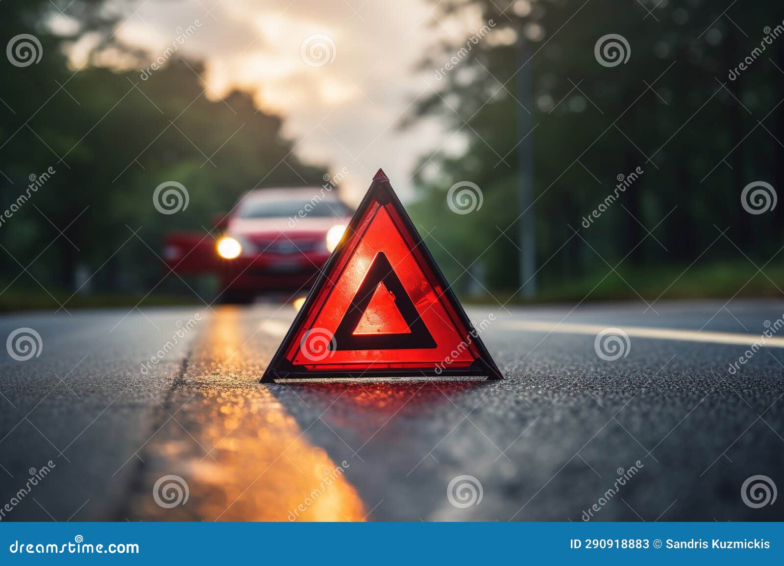 A Red Emergency Triangle on the Road in Front of a Car after an ...