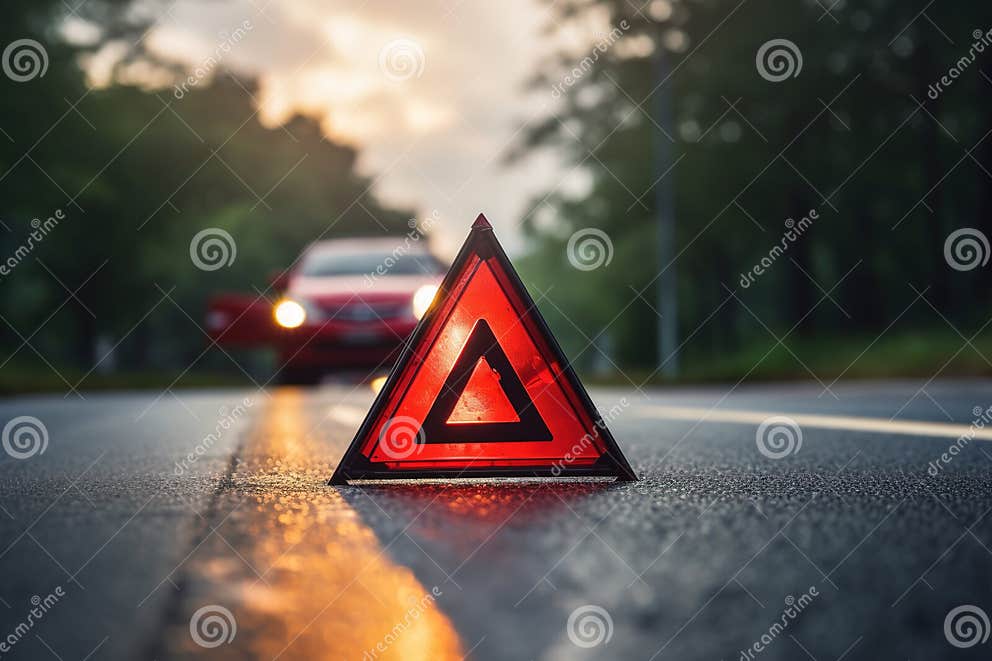 A Red Emergency Triangle on the Road in Front of a Car after an ...