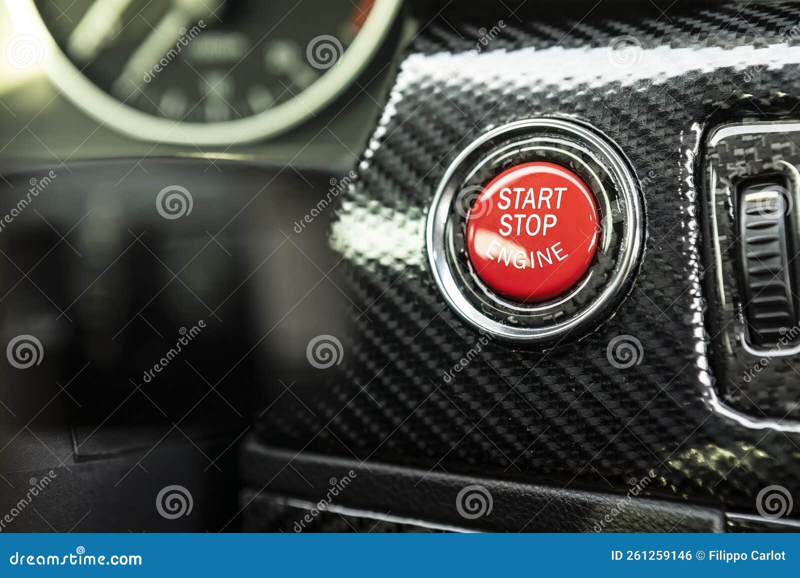 Red Engine Start Button Detail. Car Dashboard with Focus on Red Engine ...