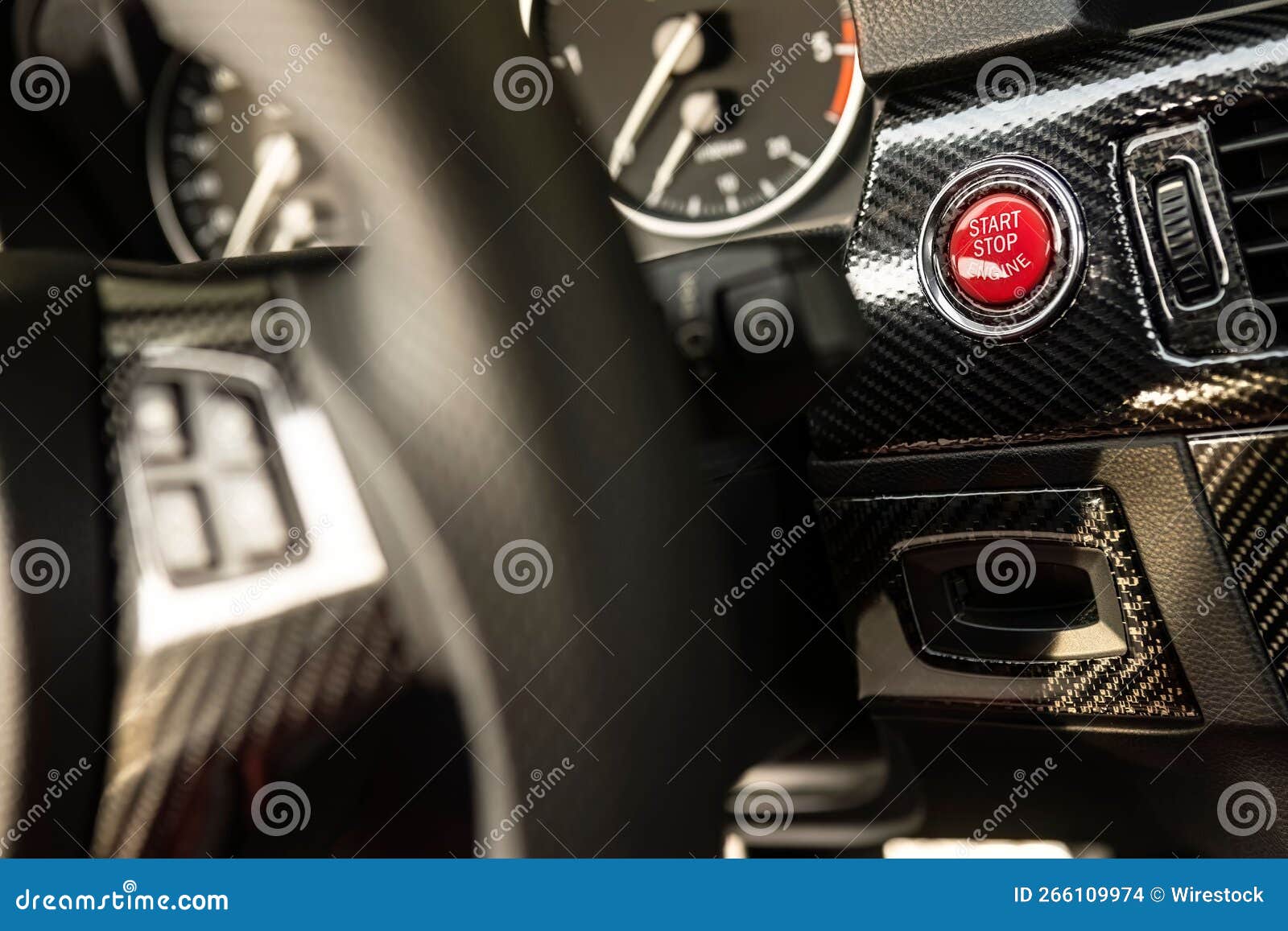 Red Engine Start Button Detail. Car Dashboard with Focus on Red Engine ...