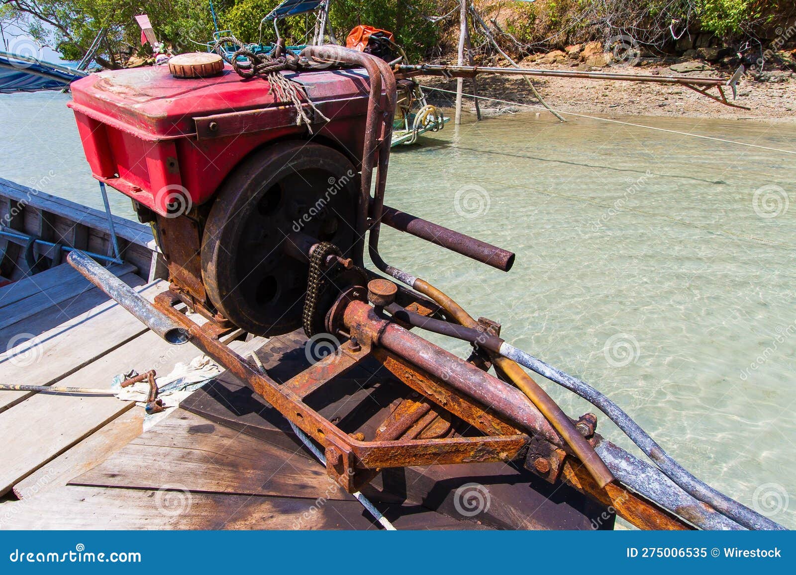 Red Engine of a Vintage Rusty Boat on the Lake Water Stock Image ...