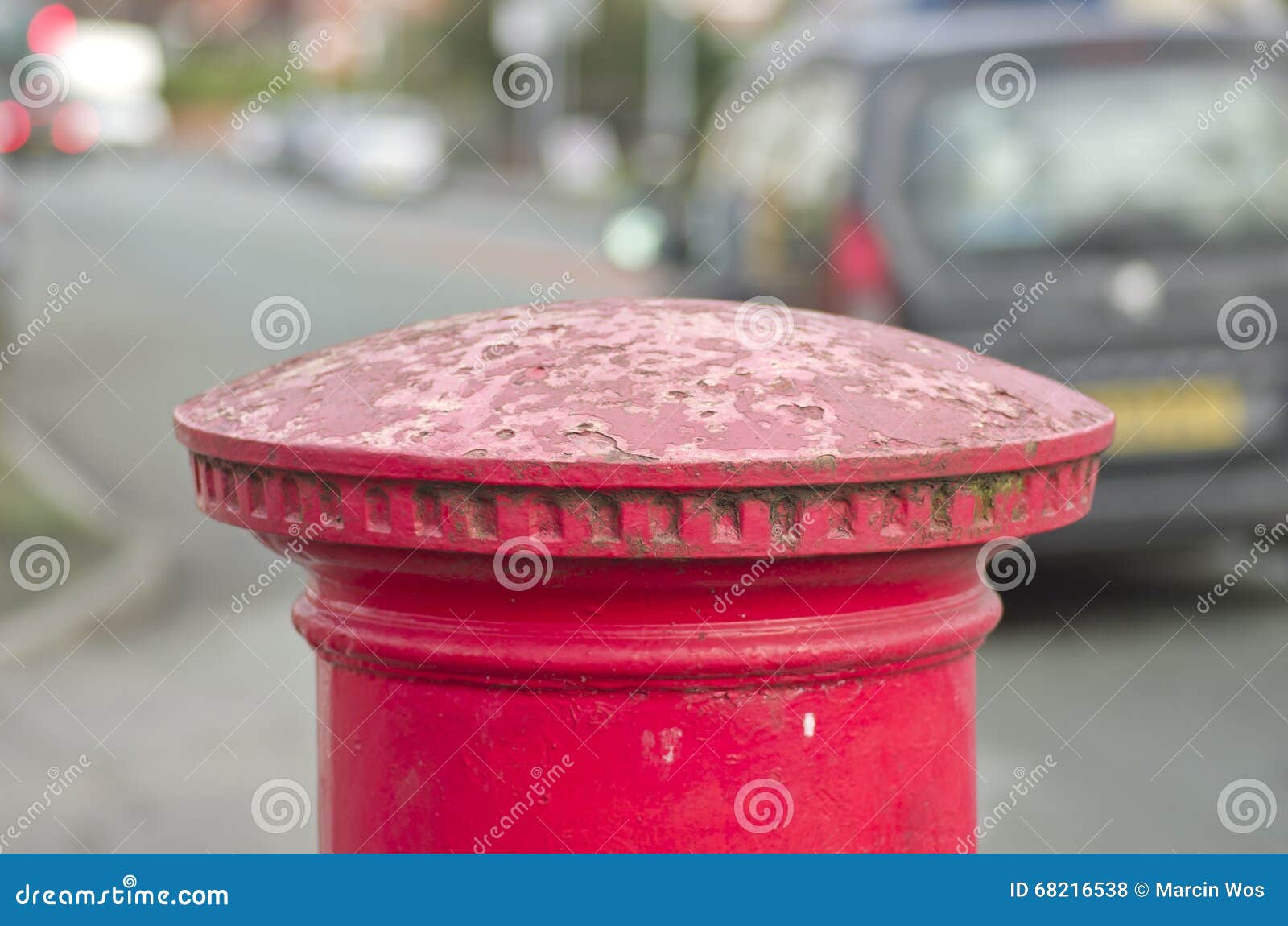 Red English Pillar Box or Post Box Top on City Space Background. Stock ...