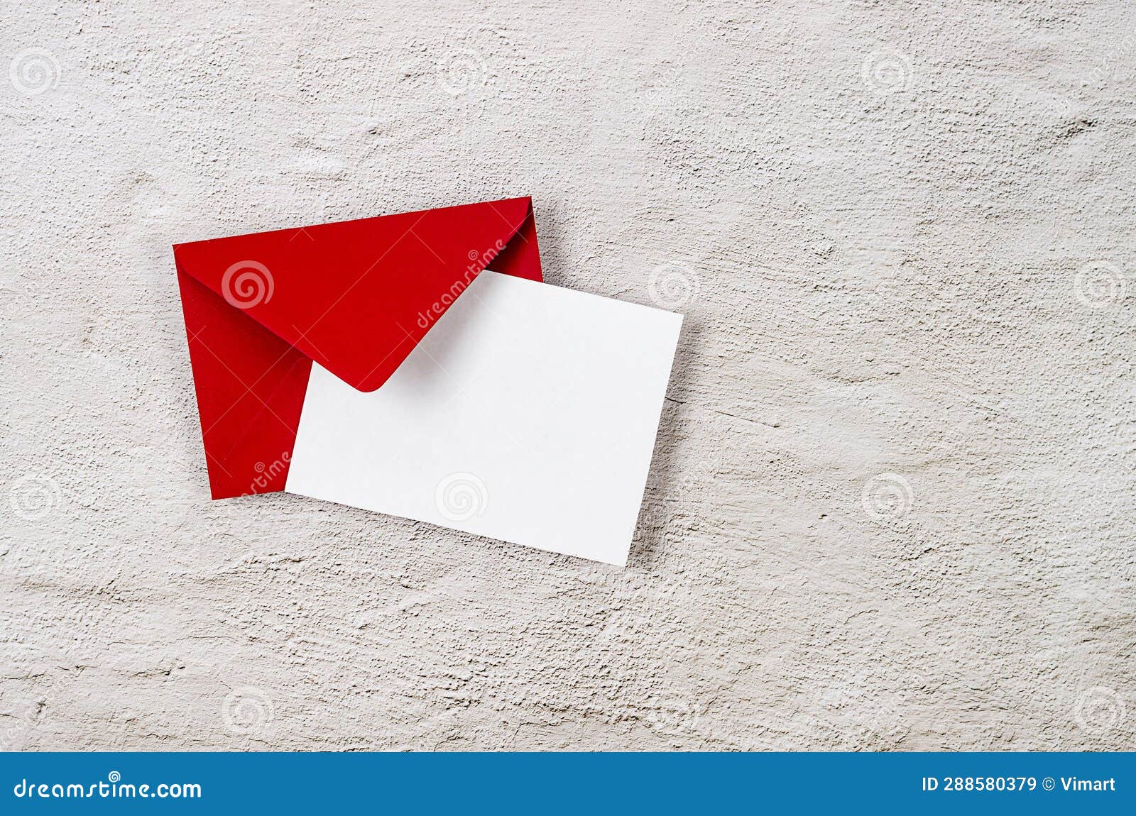 Red Envelope with Empty White Card for Text on Grey Concrete Background ...