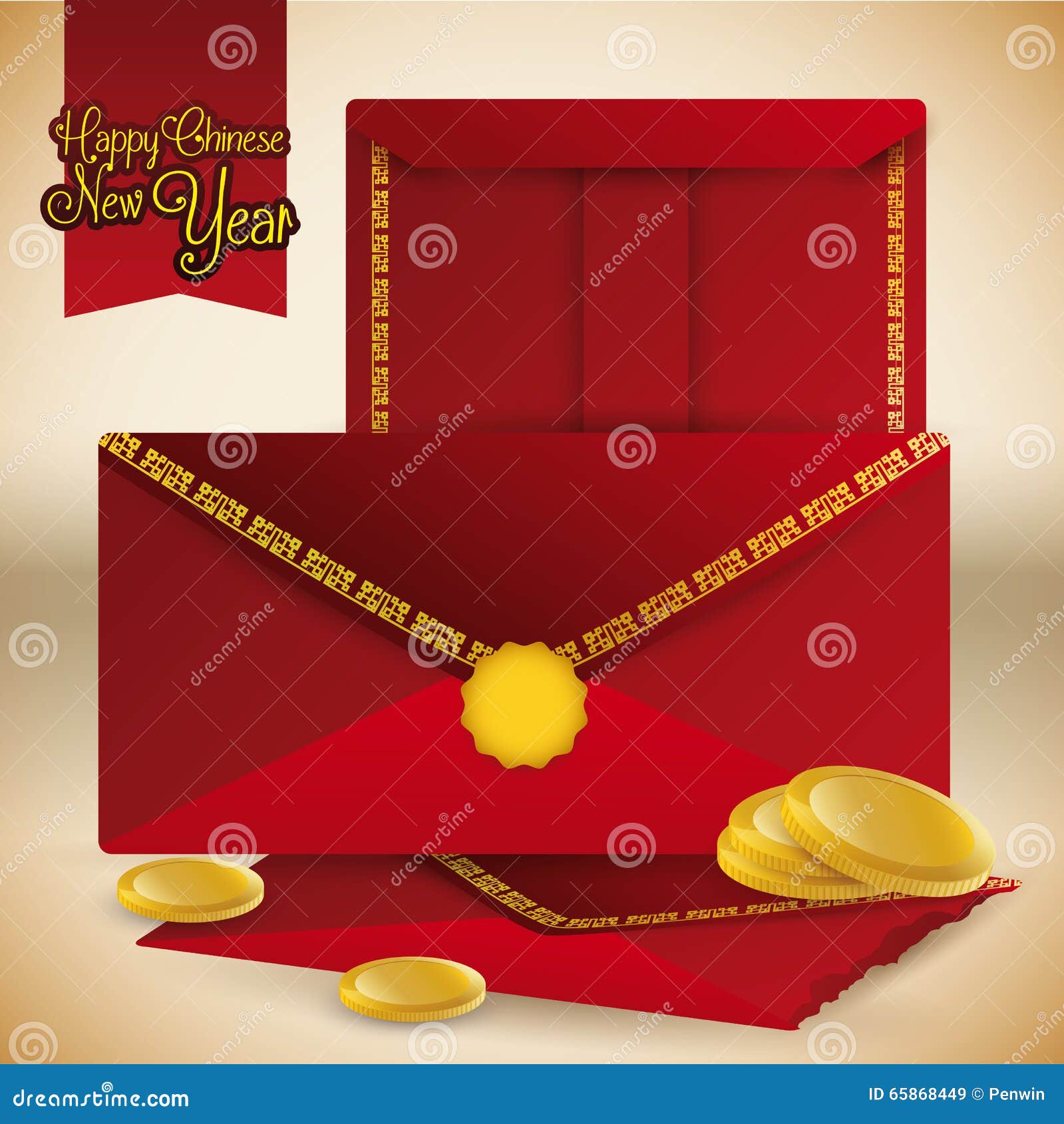 Red Envelopes and Coins for Chinese New Year, Vector Illustration Stock ...