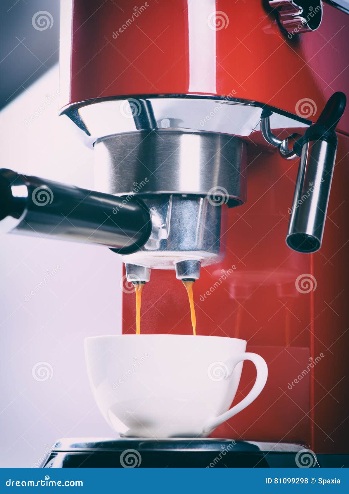Red Espresso Coffee Machine is Making a Coffee Stock Photo - Image of ...