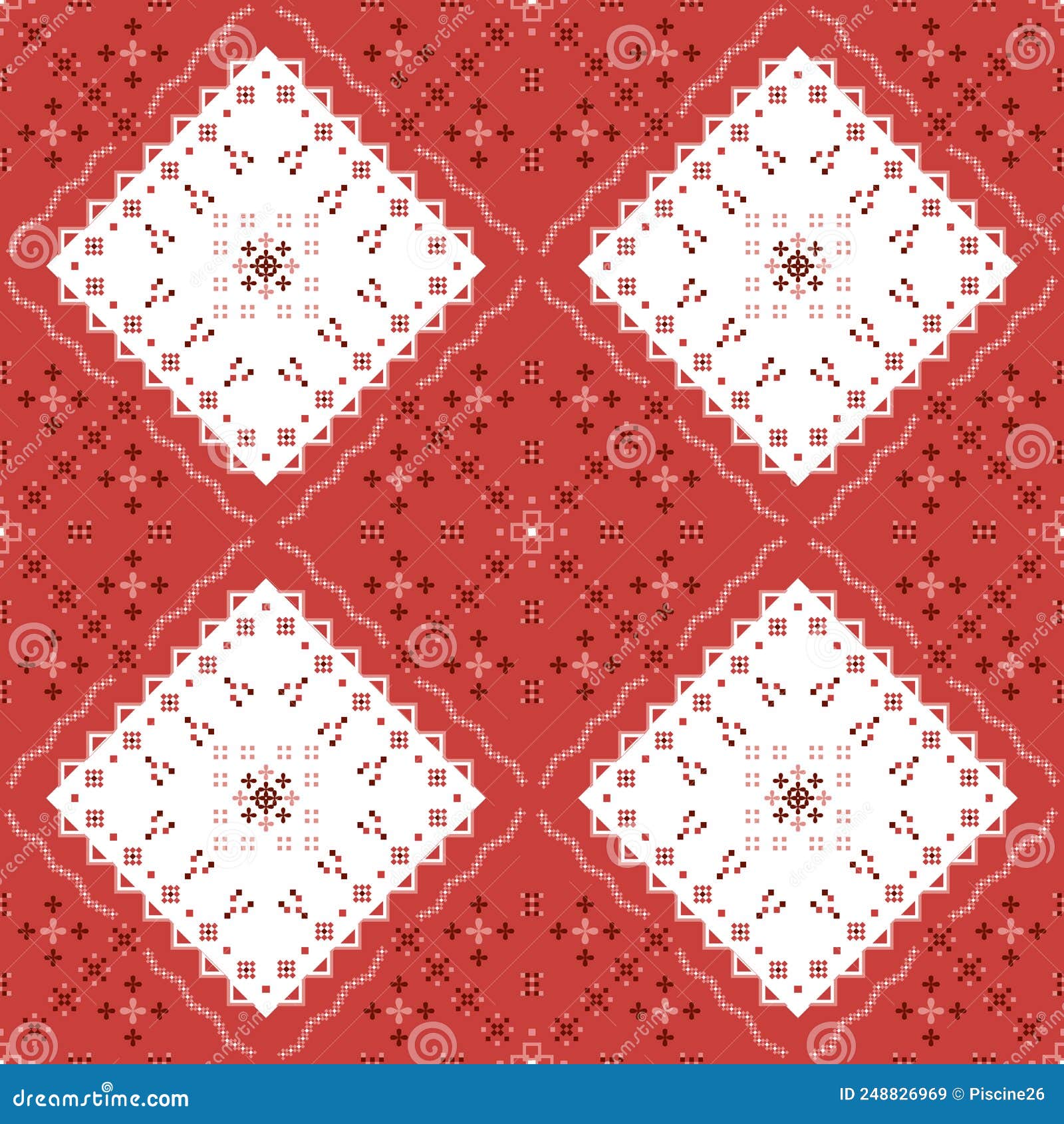 Red Ethnic Pattern with Pixel and Geometric Seamless Square in for ...
