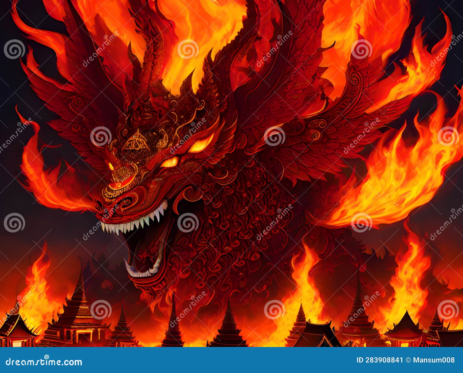 Red Evil Monster Head with Fire on the Temple in the Background, AI ...