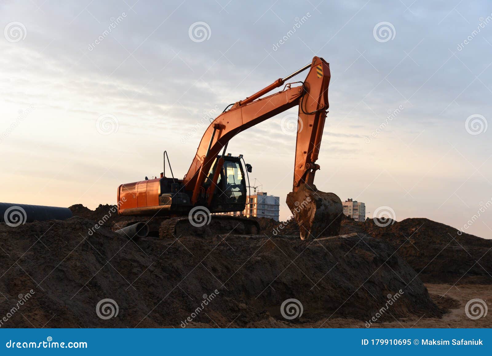 Red Excavator during Groundwork on Construction Site. Hydraulic Backhoe ...