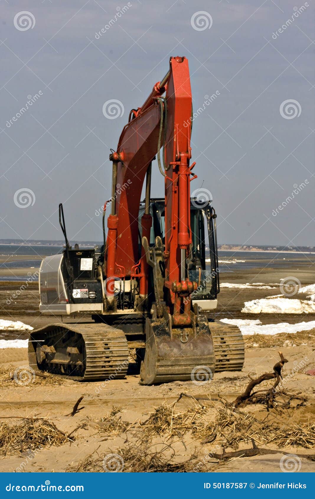 Red Excavator on Winter Beach Stock Image - Image of snow, sand: 50187587