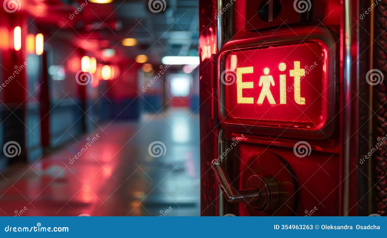 Red Exit Sign in a Building Corridor Stock Image - Image of security ...