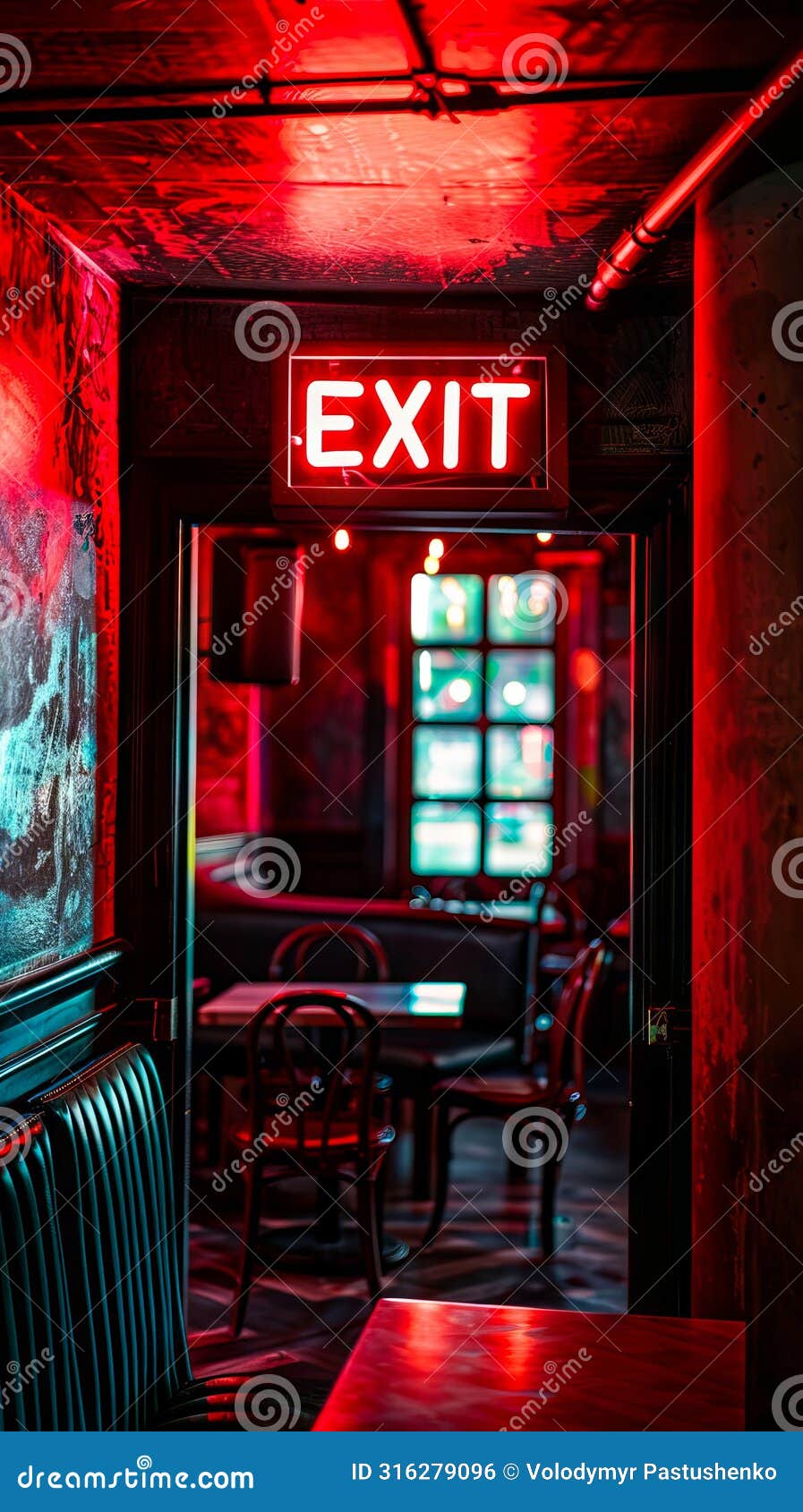 A Red Exit Sign in a Dark Room Stock Photo - Image of restaurant, night ...
