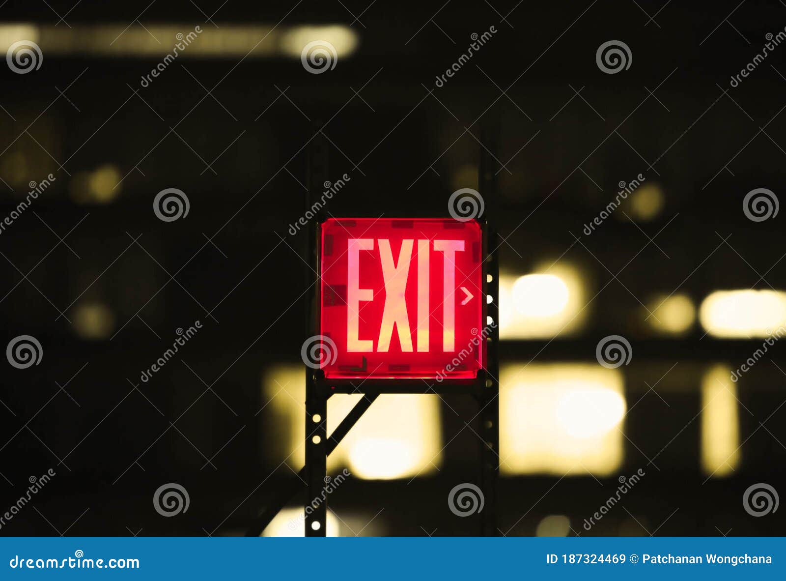 Red exit sign in night stock image. Image of safe, mounted - 187324469