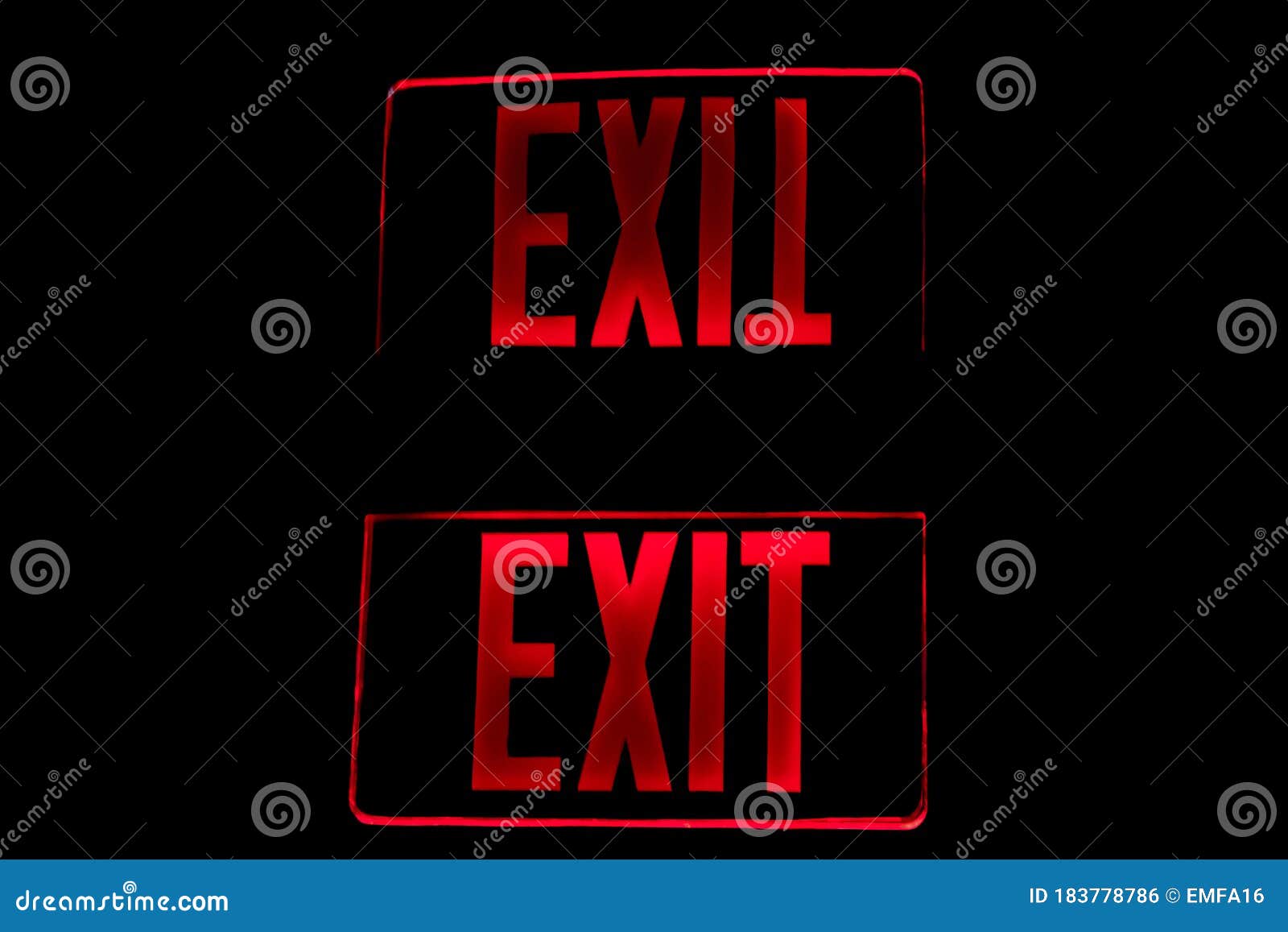 Red Exit Sign Reflection on Black Stock Photo - Image of safety, text ...