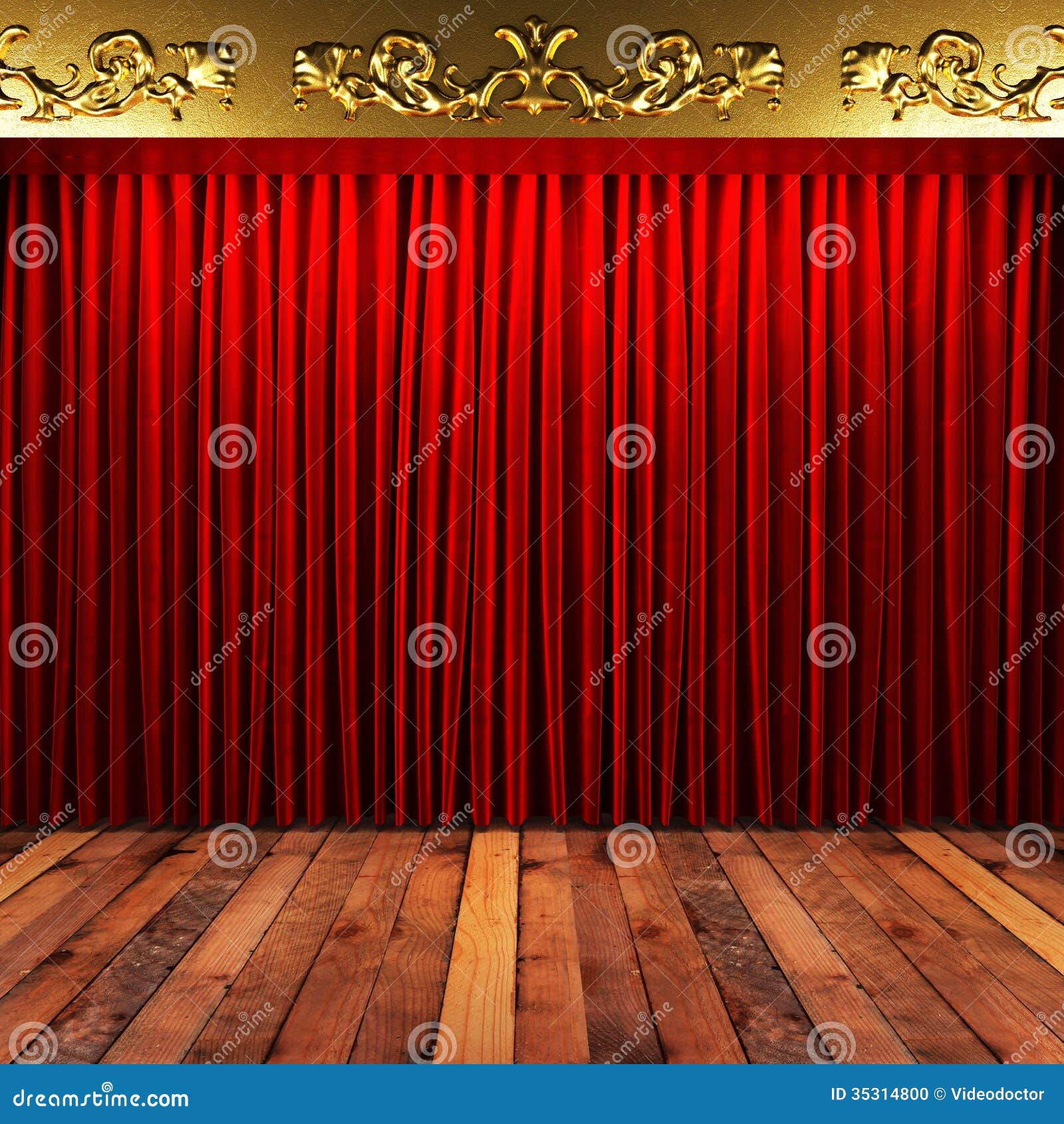 Red Fabric Curtain with Gold on Stage Stock Illustration - Illustration ...