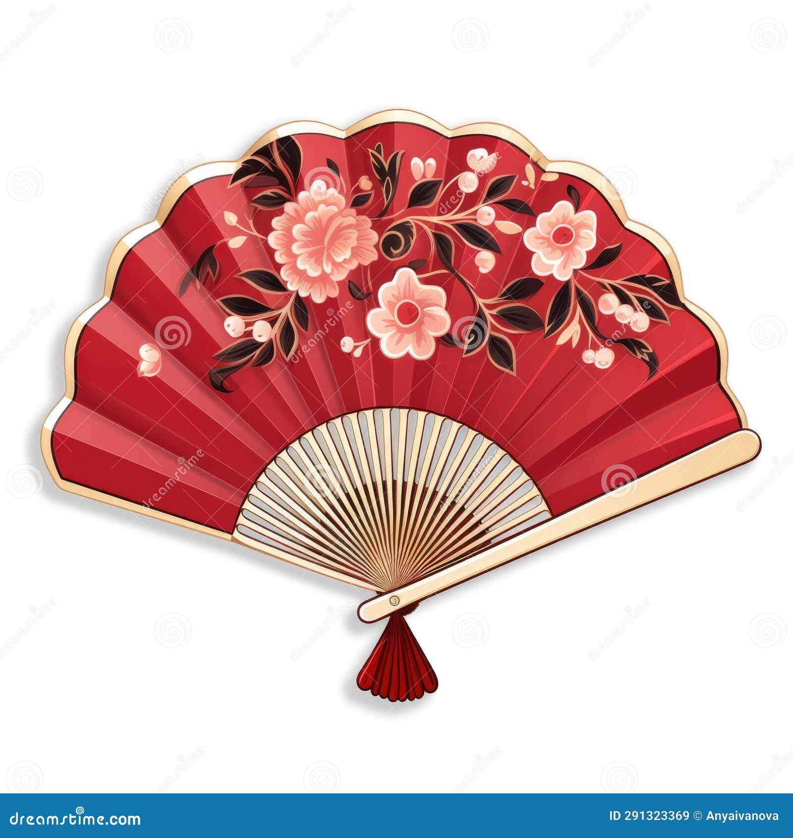 A Red Fan with Pink Flowers on it. Stock Illustration - Illustration of ...