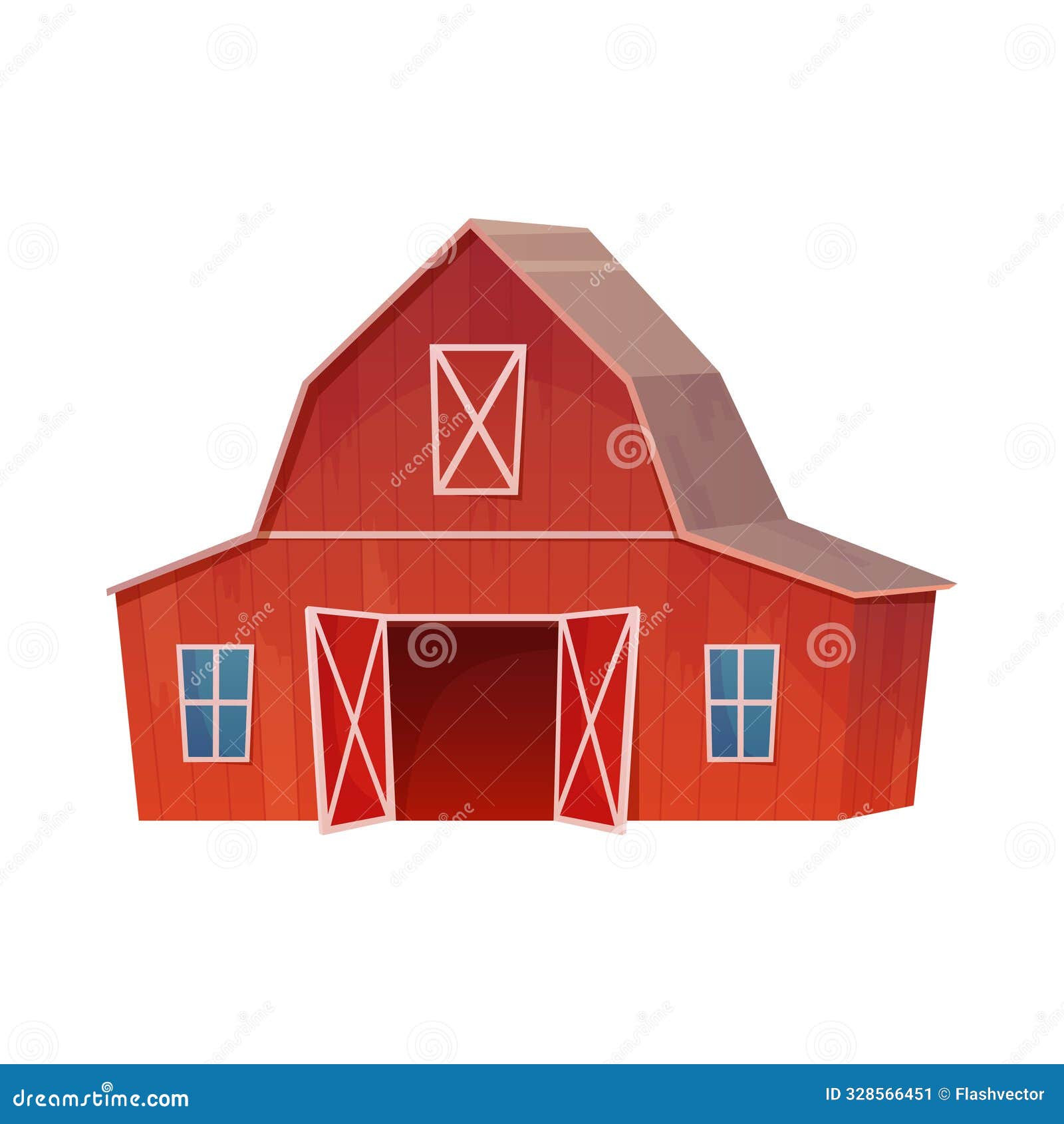 Red Farm Barn, Front View of Rustic House with Windows and Door on ...