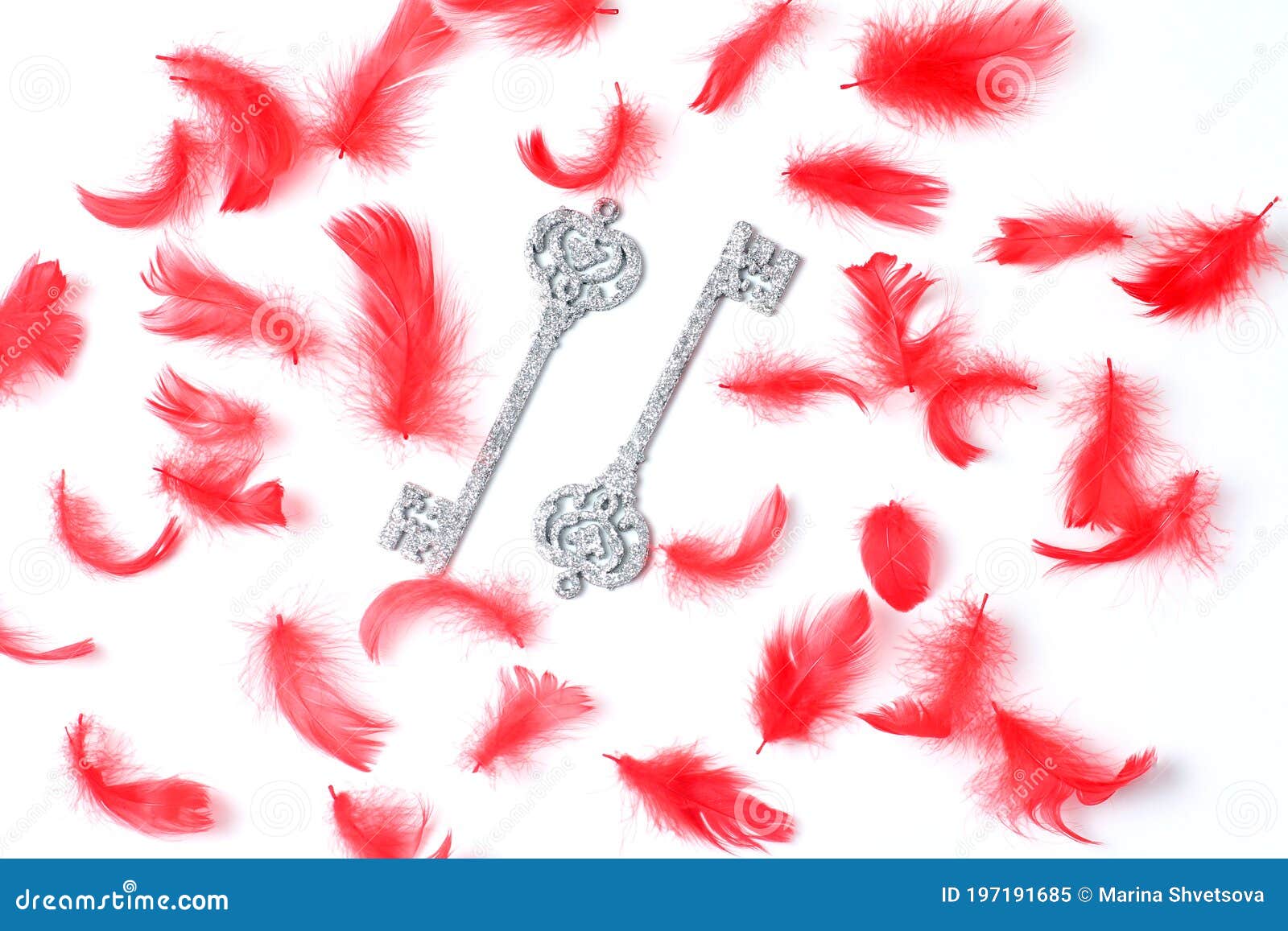 Red Feathers and Decorative Keys. Flat Lay, Top View, Creative Layout ...