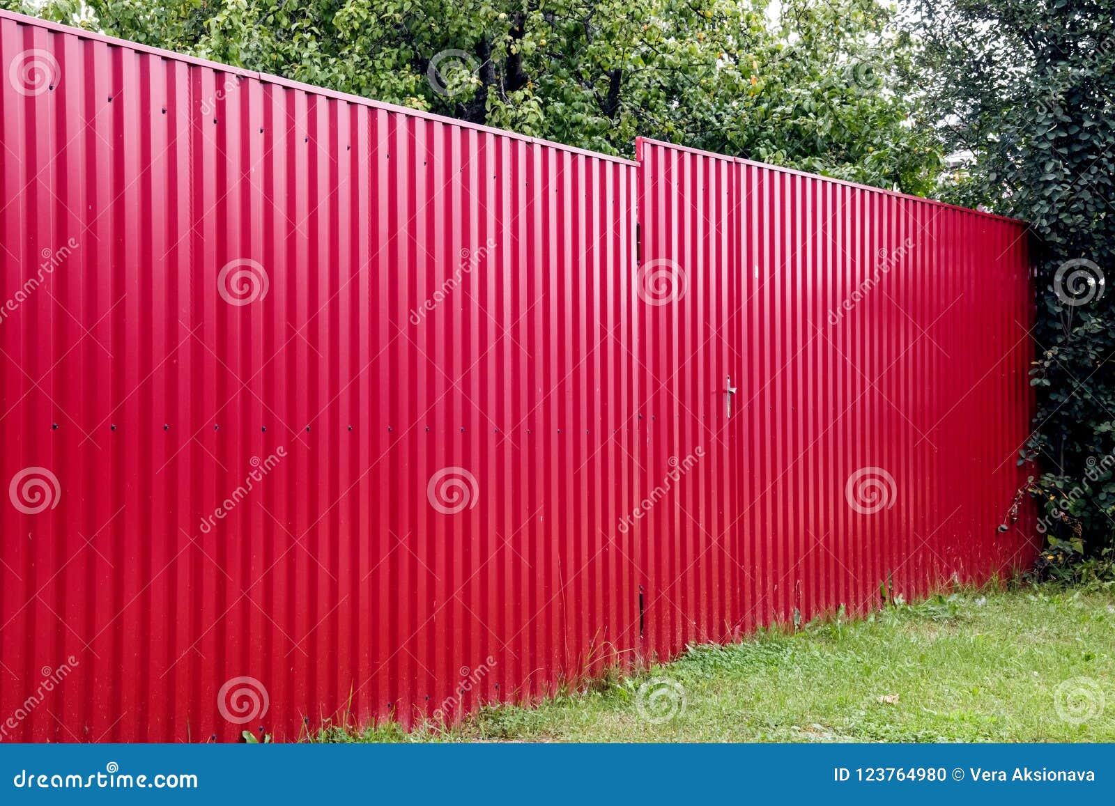 Red Fence Made of Metal with Door Stock Photo - Image of metallic ...