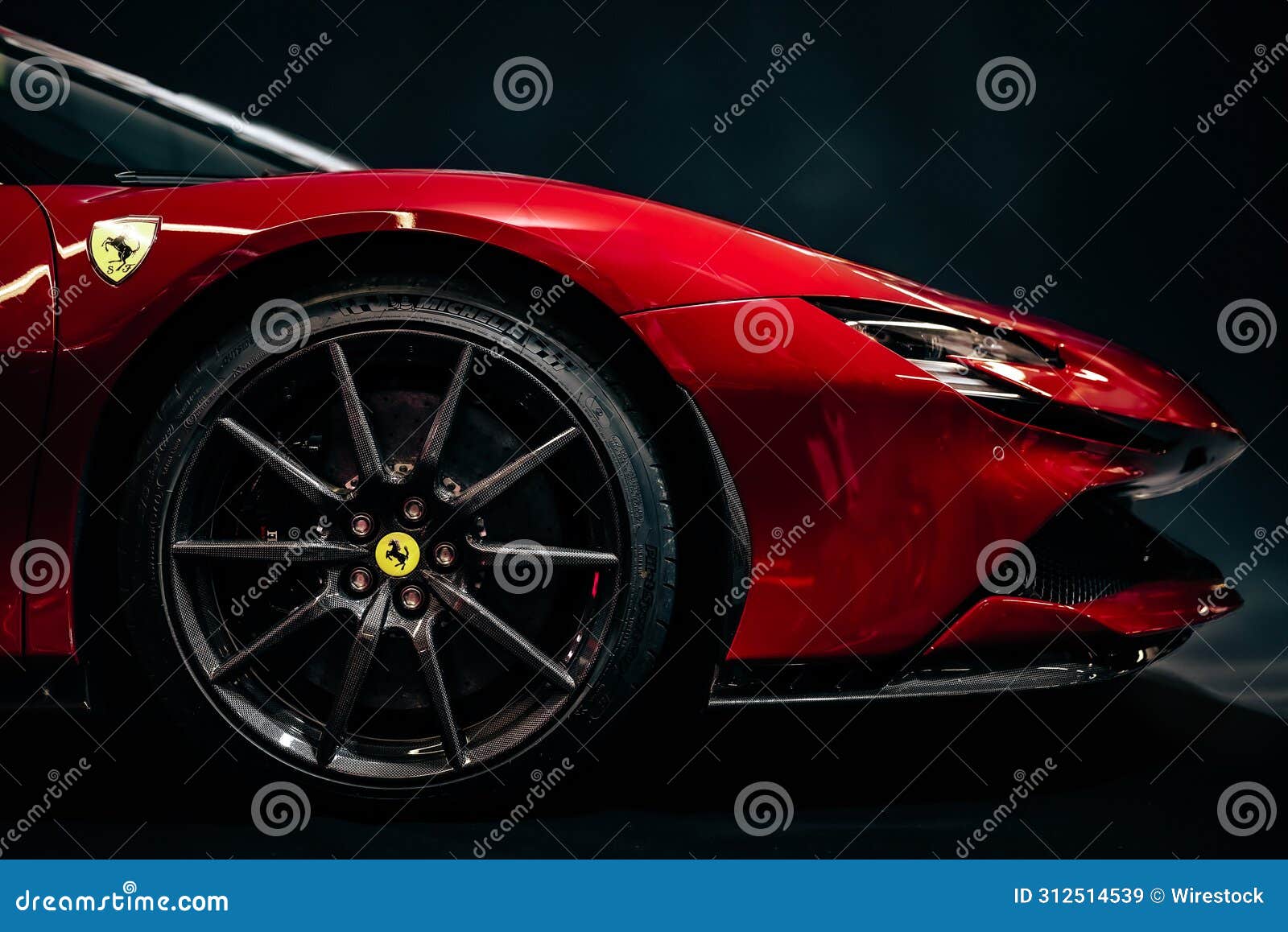 Red Ferrari SF90 Stradale Side Illuminated in Darkness with Headlights ...