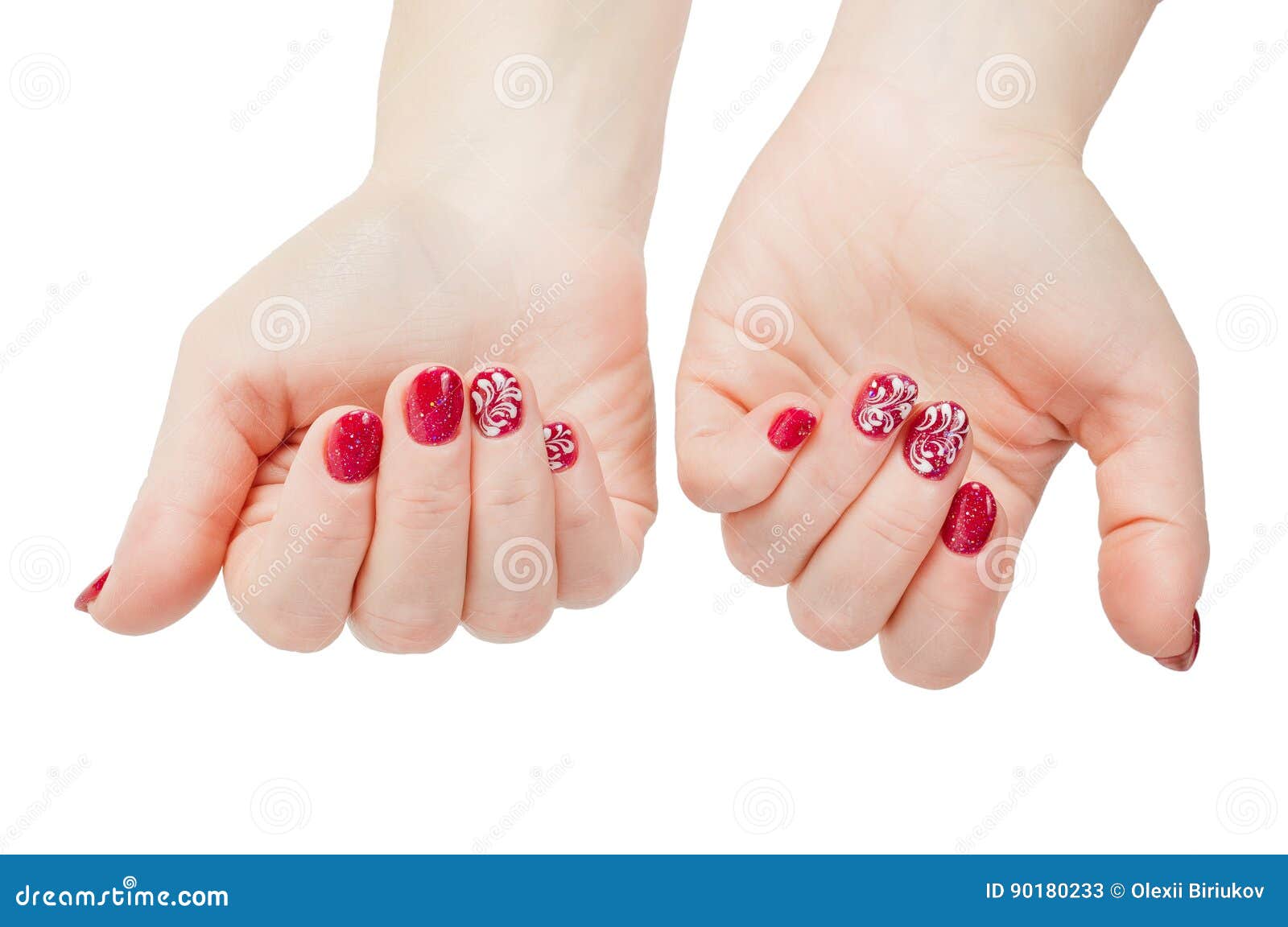 Red Festive Manicure with White Lace on the Long Nails Top View Stock ...