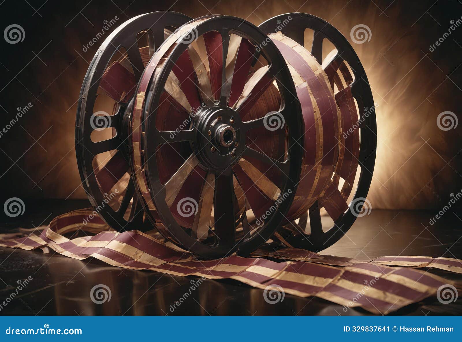 A Red Film Reel with Film Strips on a Dark Background Stock ...
