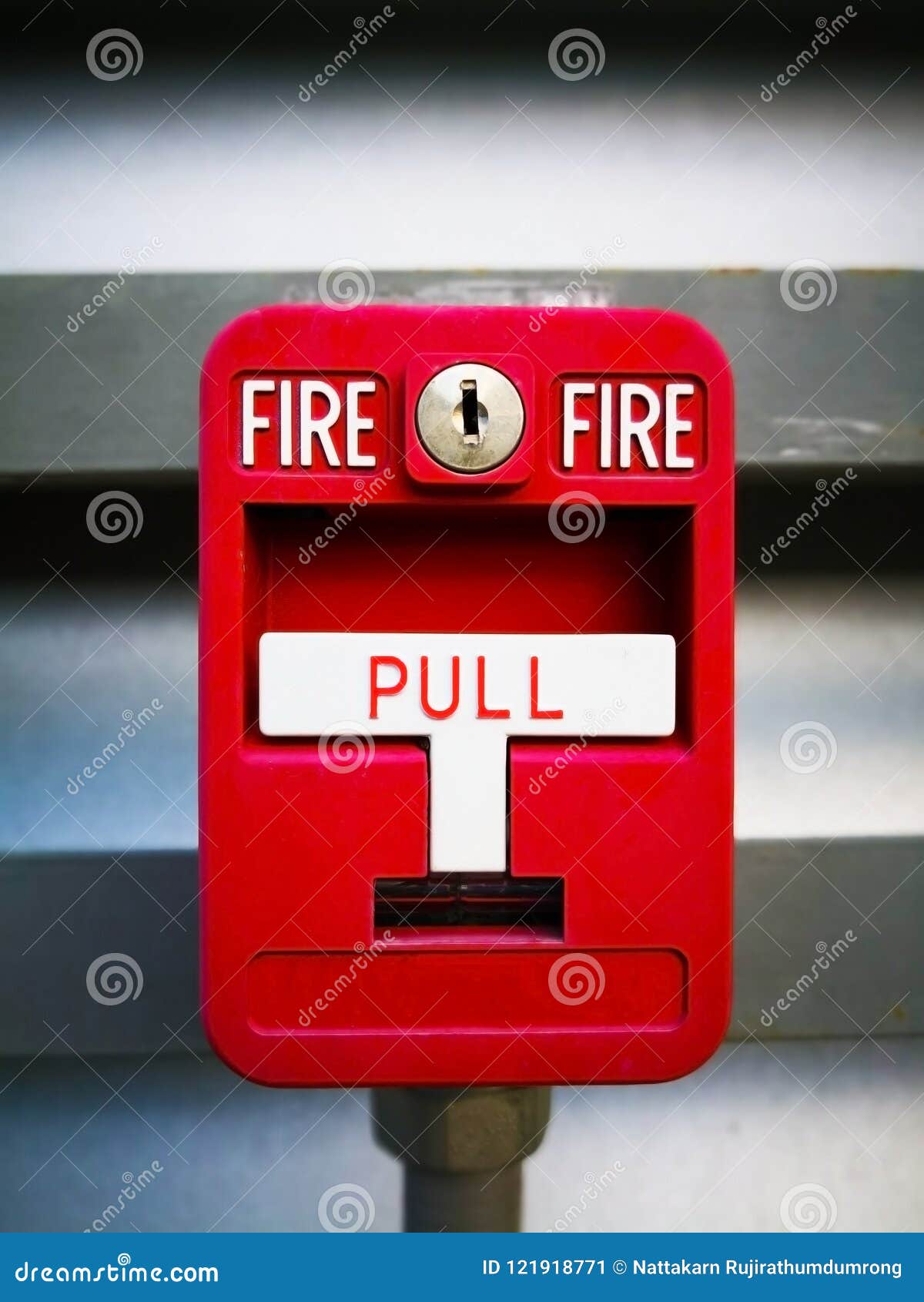 Red Fire Alarm Box, is on Grey Metal Wall for Warning and Securi Stock ...