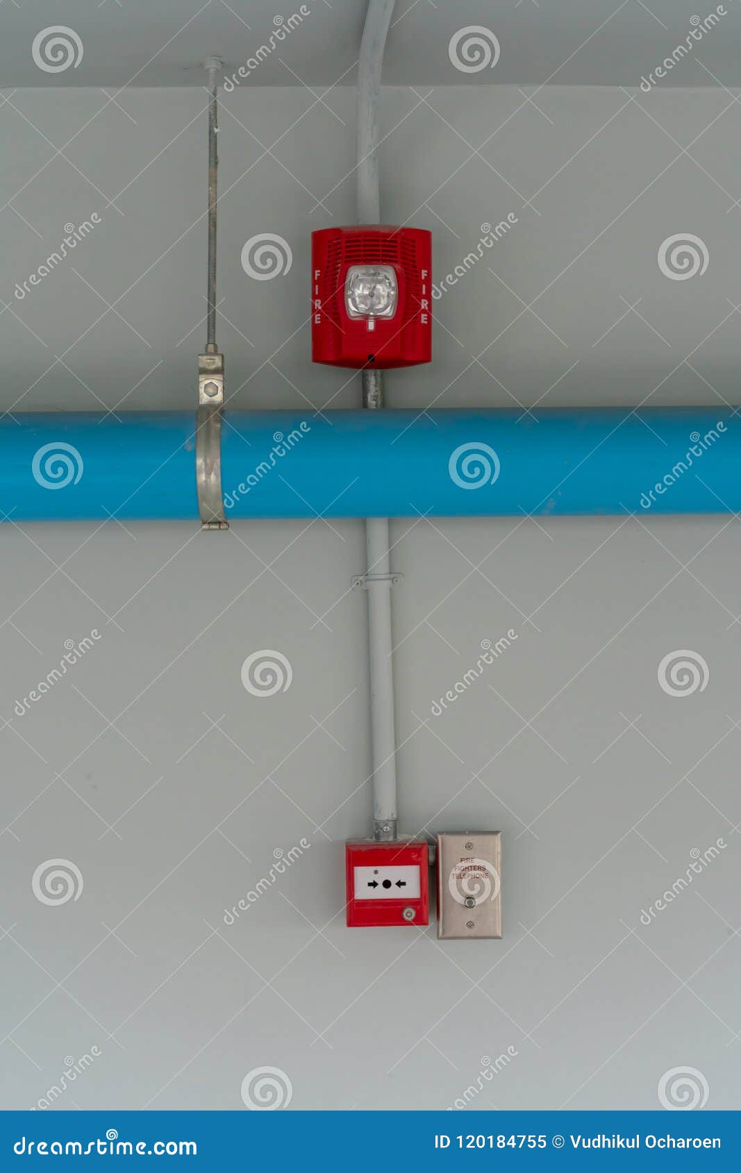 Red Fire Alarm Lighting Above PVC Pipe Against White Background Stock ...