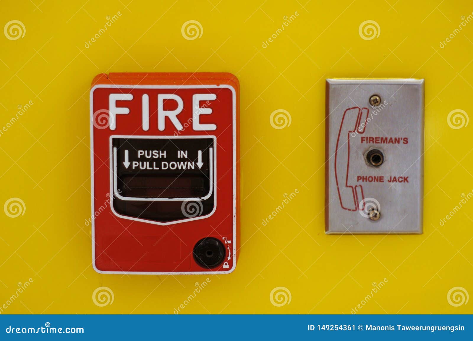 Red Fire Alarm Pull Station Switch Install on Bright Yellow Wall Stock ...