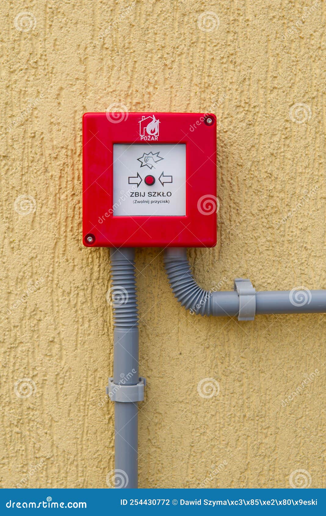 Red fire alarm switch stock photo. Image of wood, furniture - 254430772