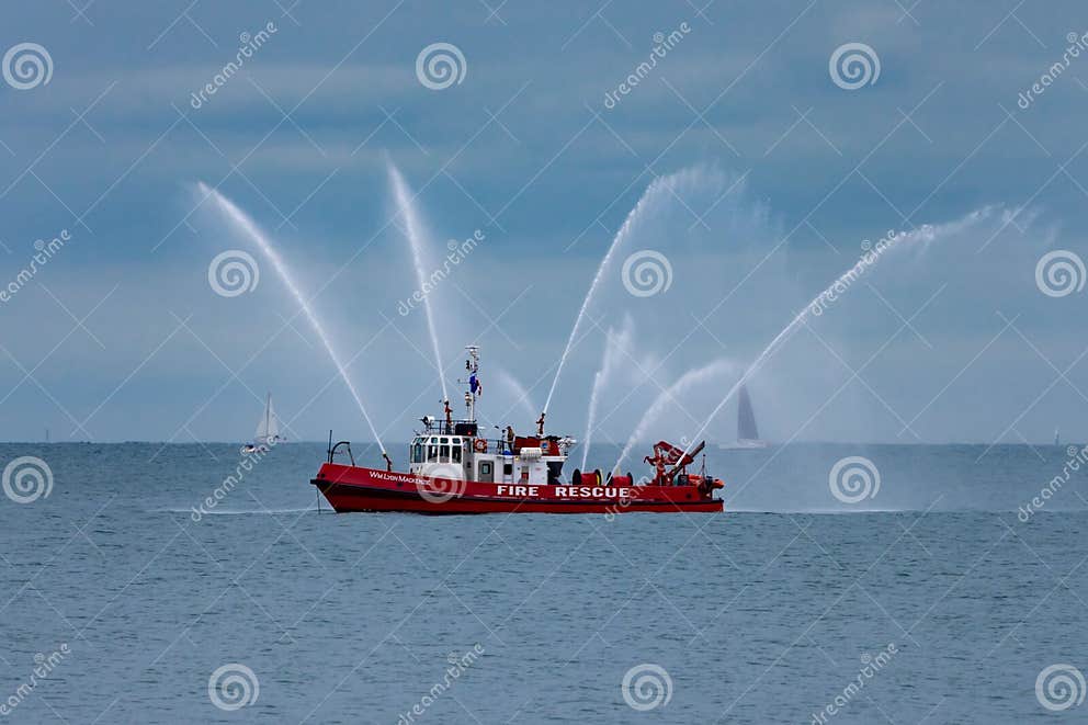 Red Fire Boat with Active Water Canons Editorial Stock Image - Image of ...