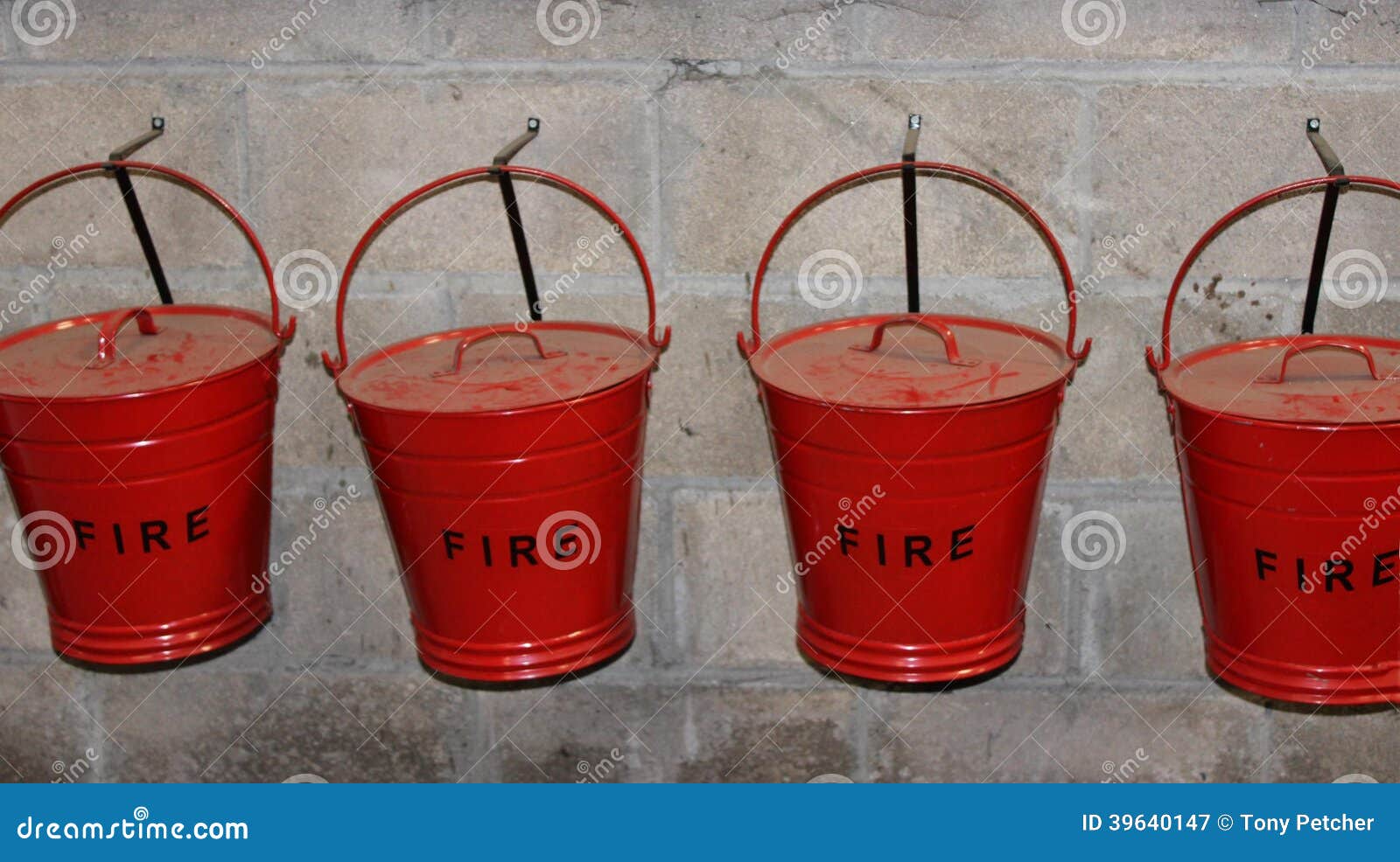 Red Fire Buckets Hanging on Wall Stock Image - Image of health, water ...