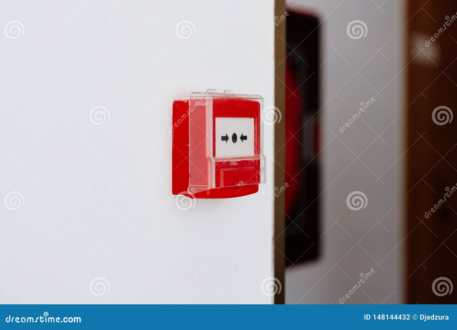 Red fire emergency button stock photo. Image of wall - 148144432