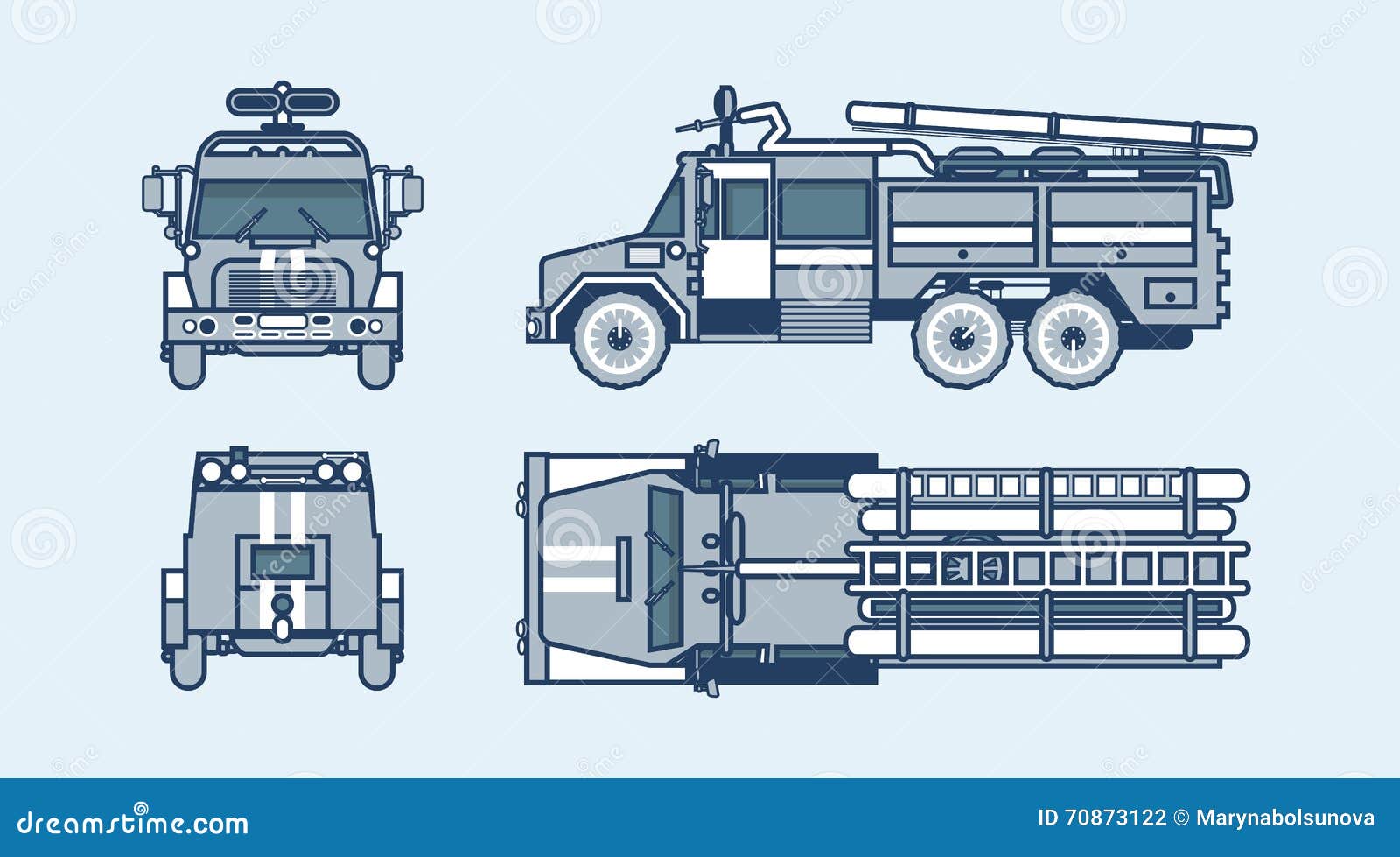 Red Fire Engine Top, Front, Side, Back View Line Style Stock Vector ...