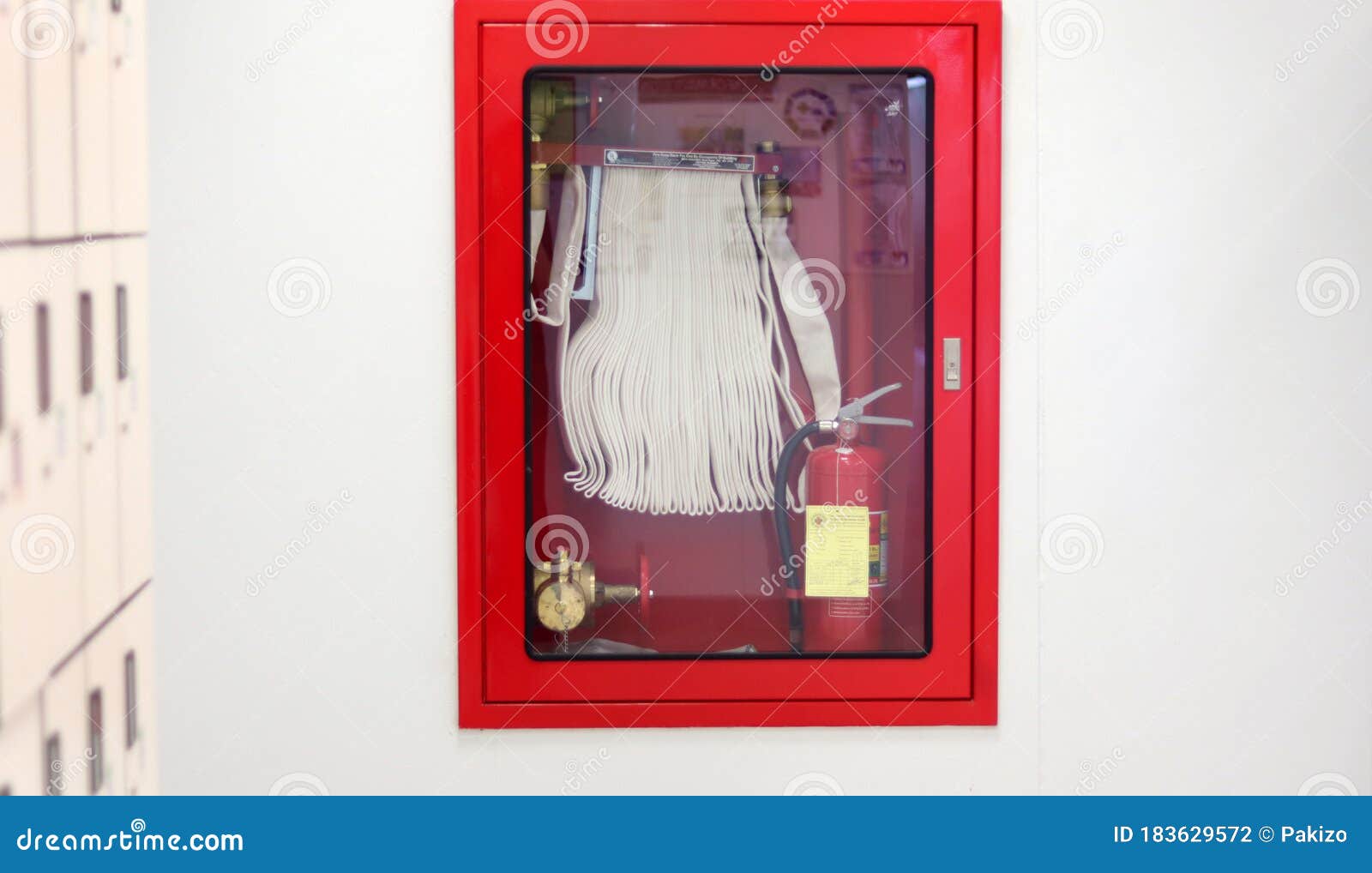 Red Fire Extinguisher And Fire Hose Reel Setting In Laboratory Walkway ...