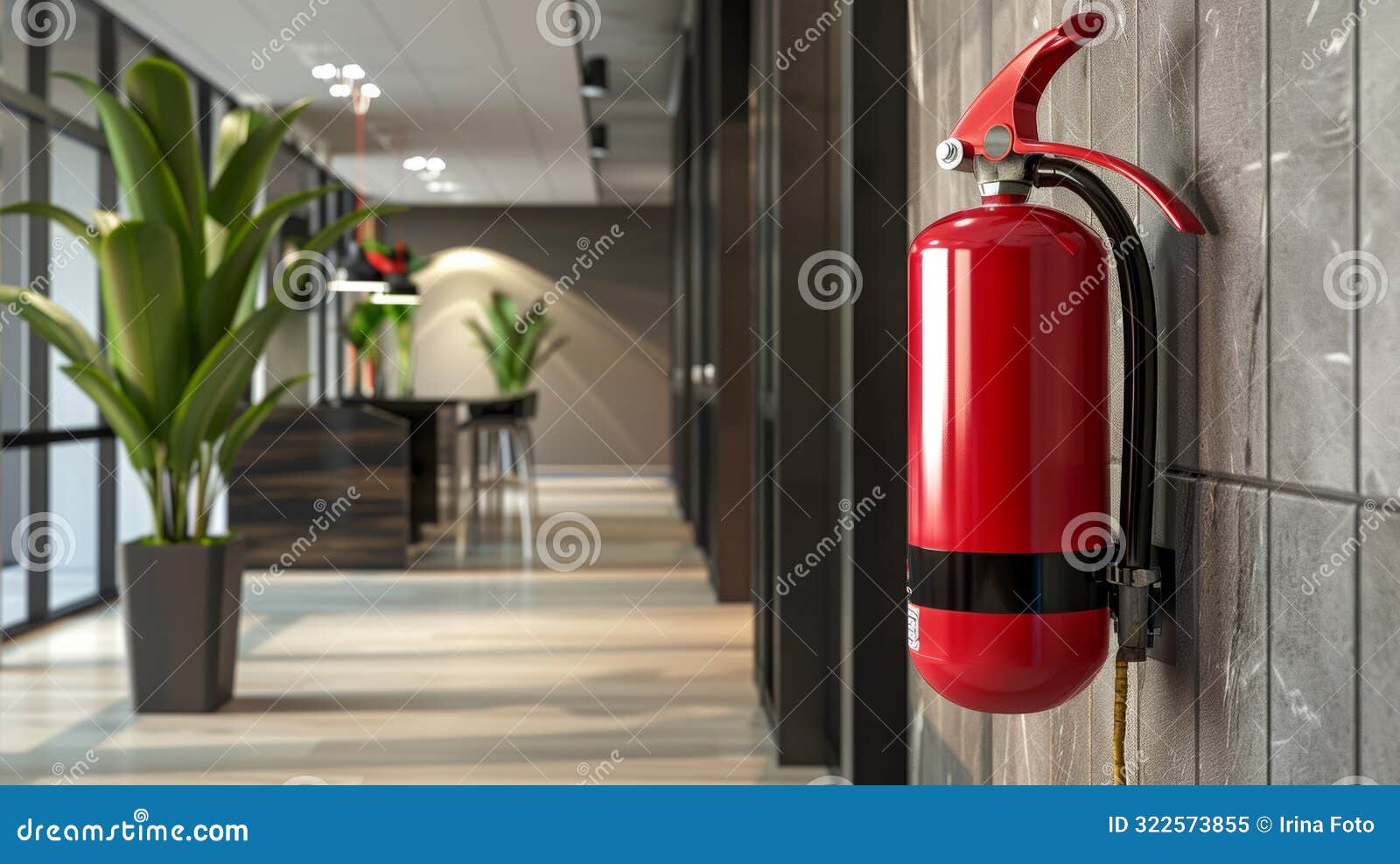 Red Fire Extinguisher in Modern Office Hallway. Stock Image - Image of ...