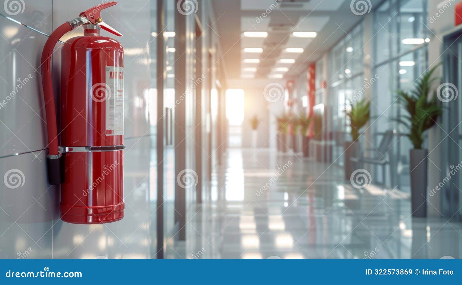 Red Fire Extinguisher in Modern Office Hallway. Stock Image - Image of ...