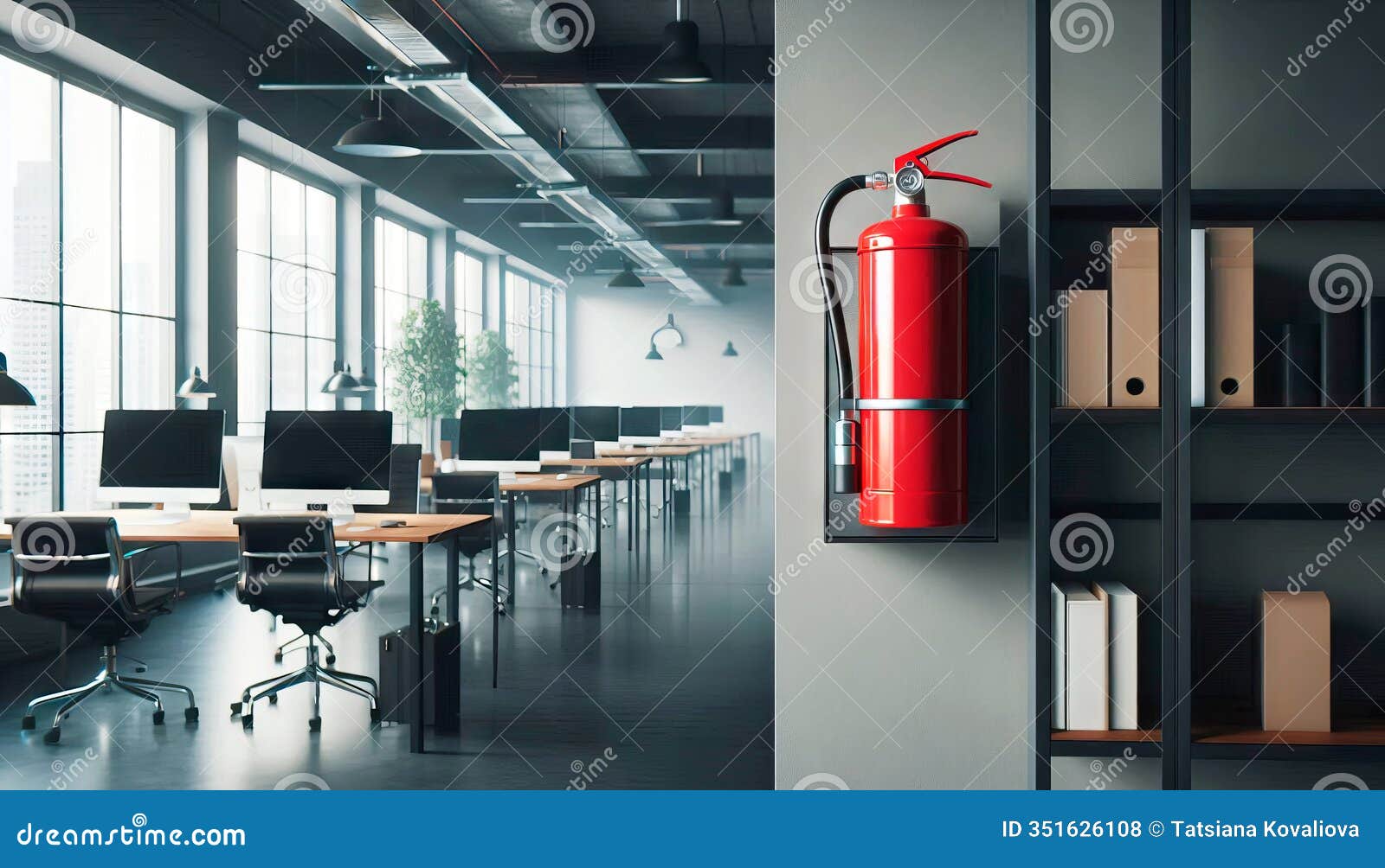 A Red Fire Extinguisher is Mounted on a Wall in a Large Office Stock ...