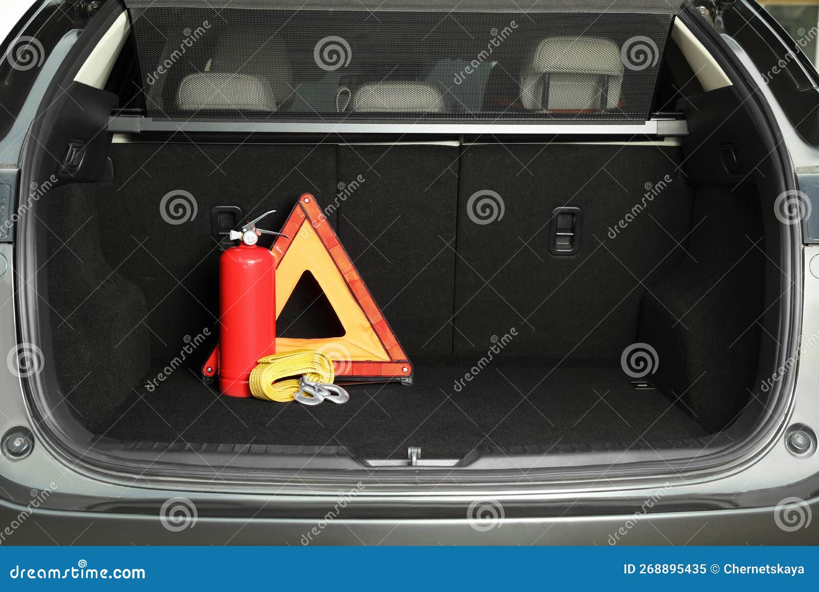 Red Fire Extinguisher, Towing Strap and Foldable Emergency Warning ...