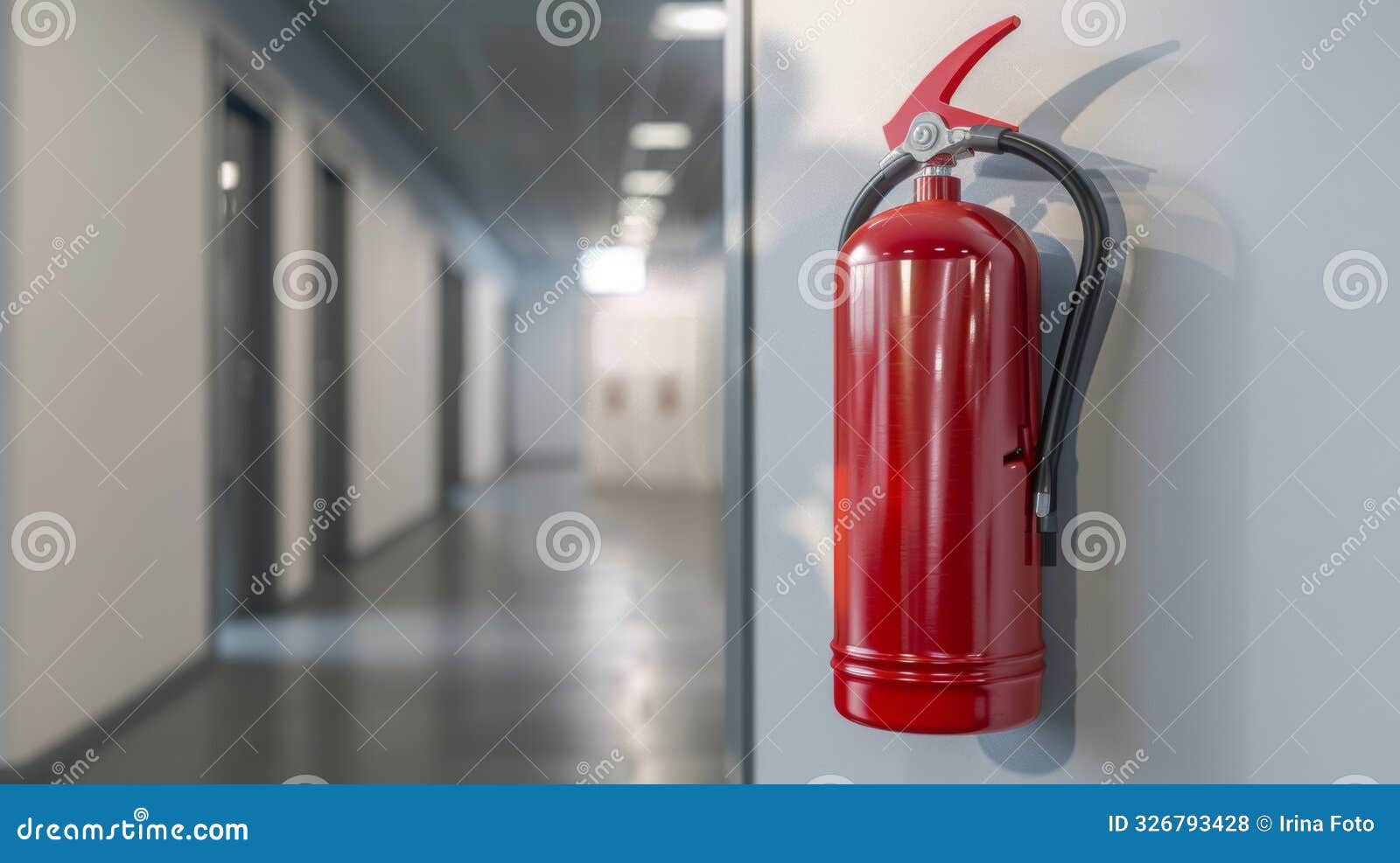 Red Fire Extinguisher on the Wall in an Office Hallway. Stock Photo ...