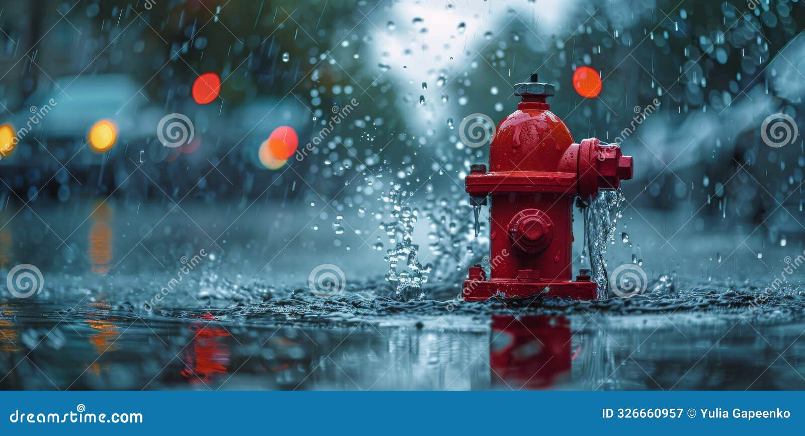 Red Fire Hydrant Spraying Water during Rainstorm Stock Image - Image of ...