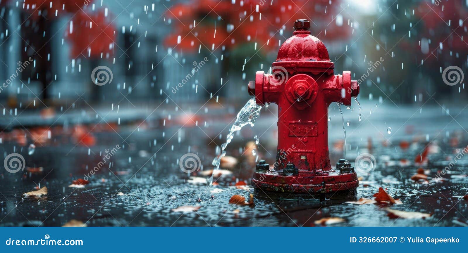 Red Fire Hydrant Spraying Water during Rainstorm Stock Image - Image of ...