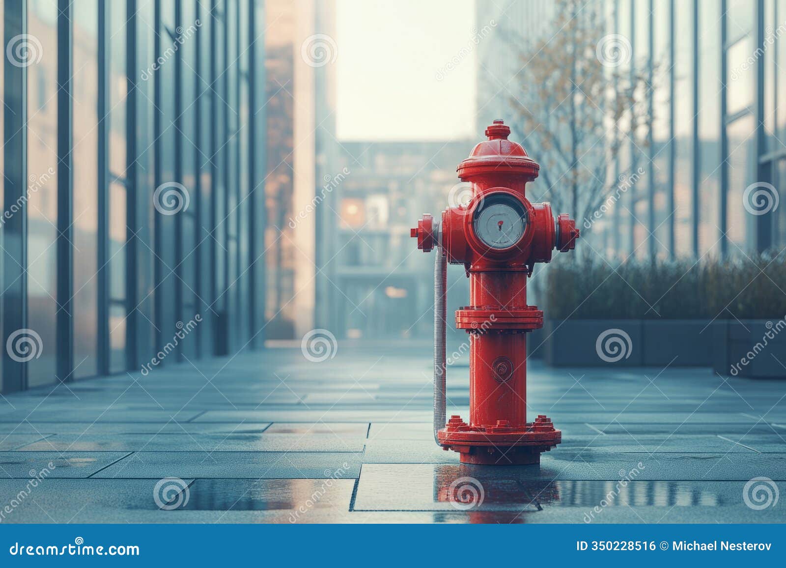 Red Fire Hydrant Standing on a Wet City Sidewalk with Modern Buildings ...