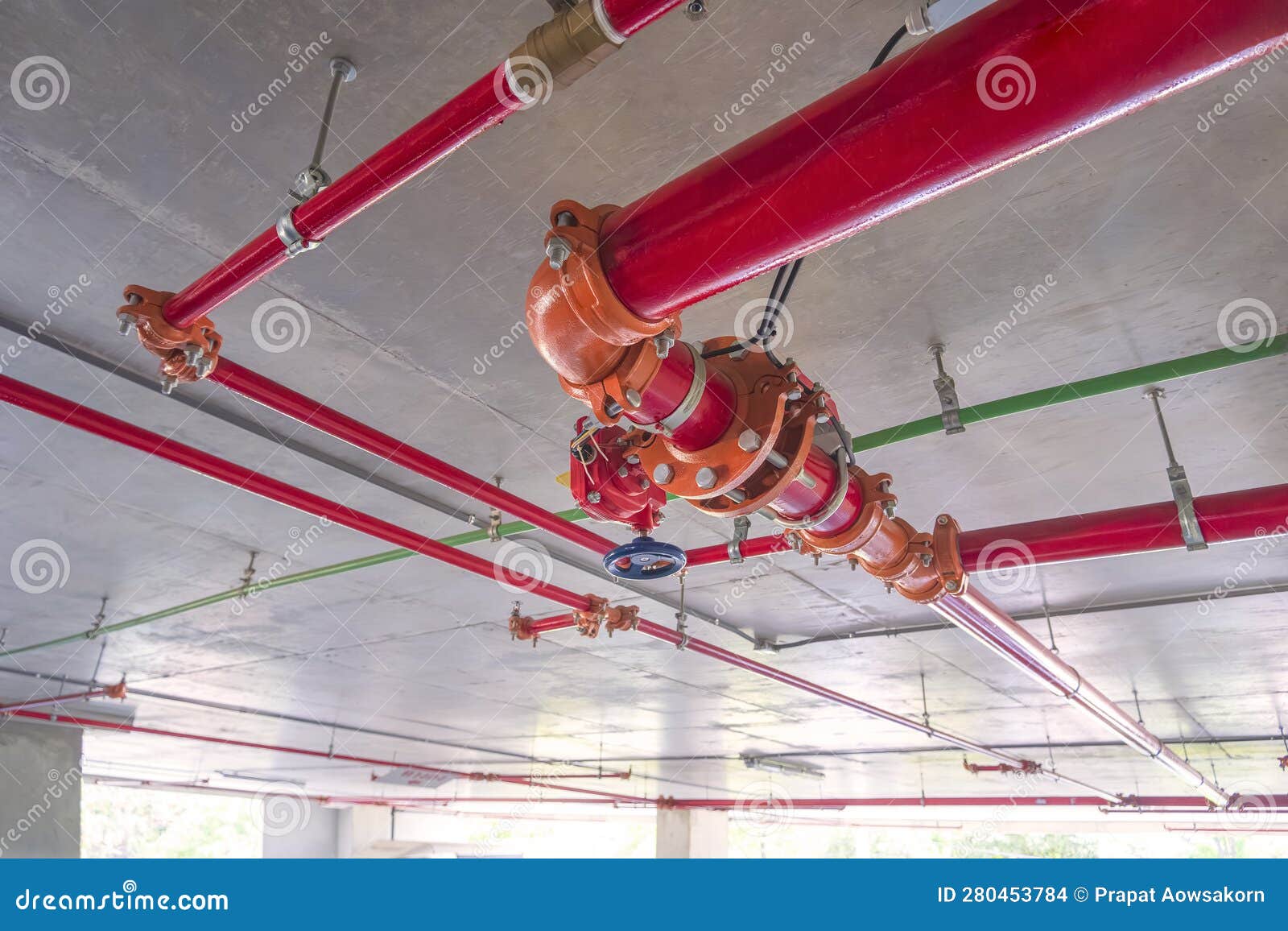 Red Fire Protective Water Pipeline System on Concrete Ceiling Inside of ...