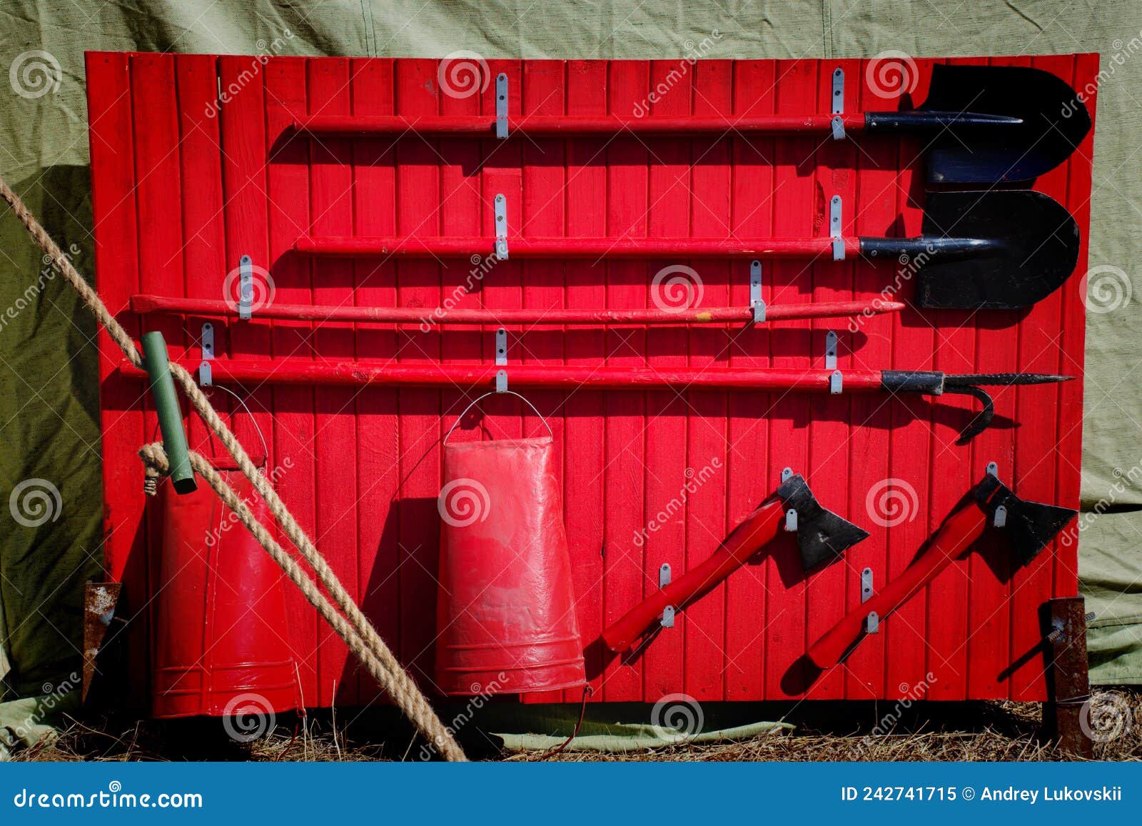 Red Fire Shield Made with Tools for Extinguishing Fires and High ...