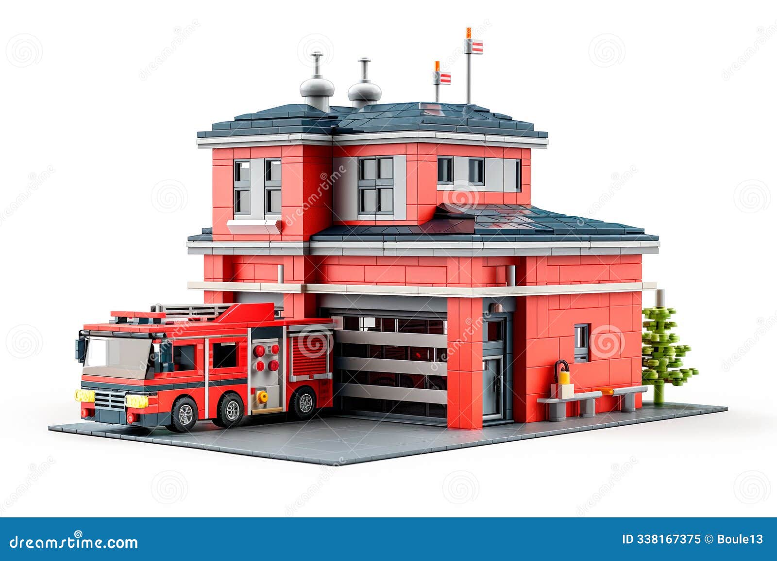Red Fire Station Building with Garage Doors and Windows Isolated on ...